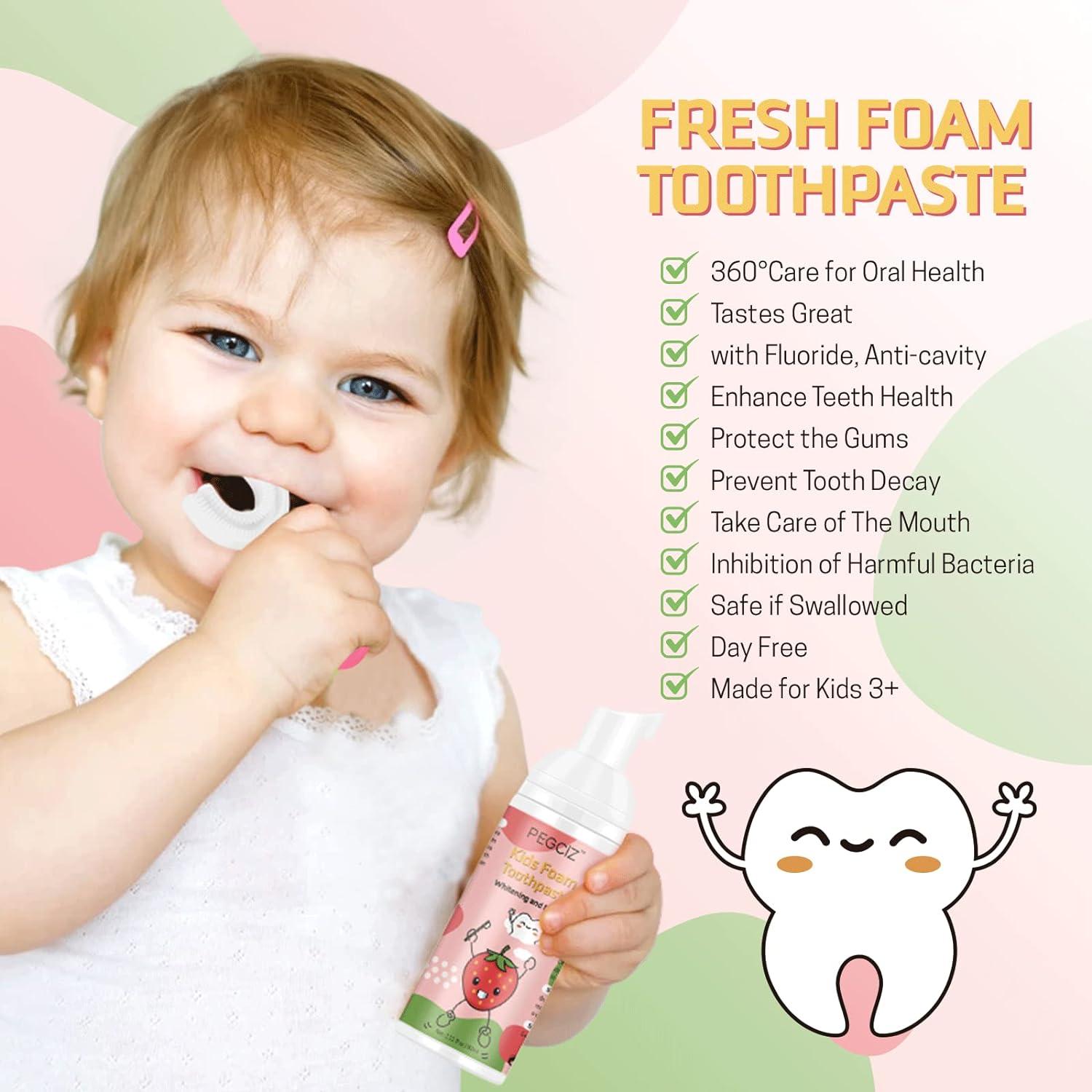 Kids Foam Toothpaste with Low Fluoride & U-Shaped Toothbrush Combo Pack ...