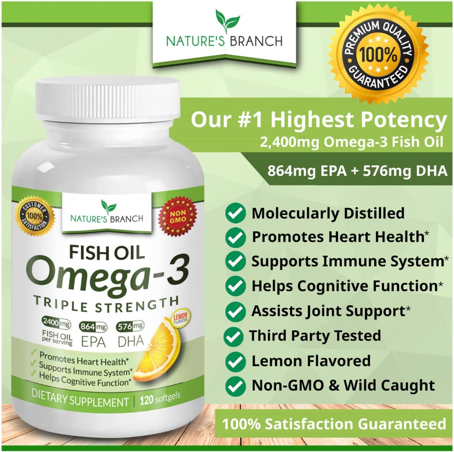 Triple Strength Omega 3 Fish Oil 2400mg Burpless Lemon Flavor - High ...