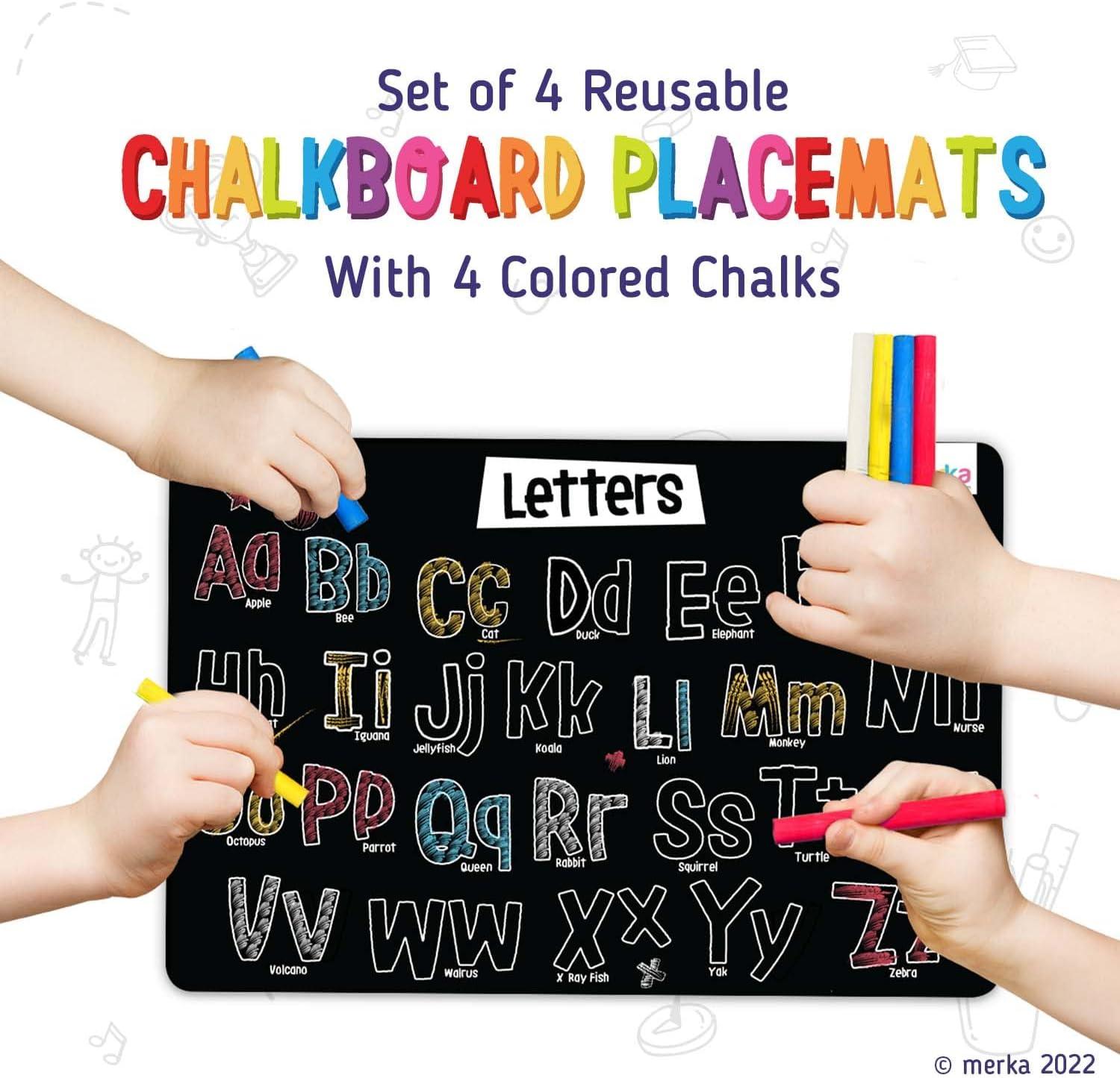 Merka Kids Coloring Placemats Set - 4 Reusable Mats with Chalks, Space ...