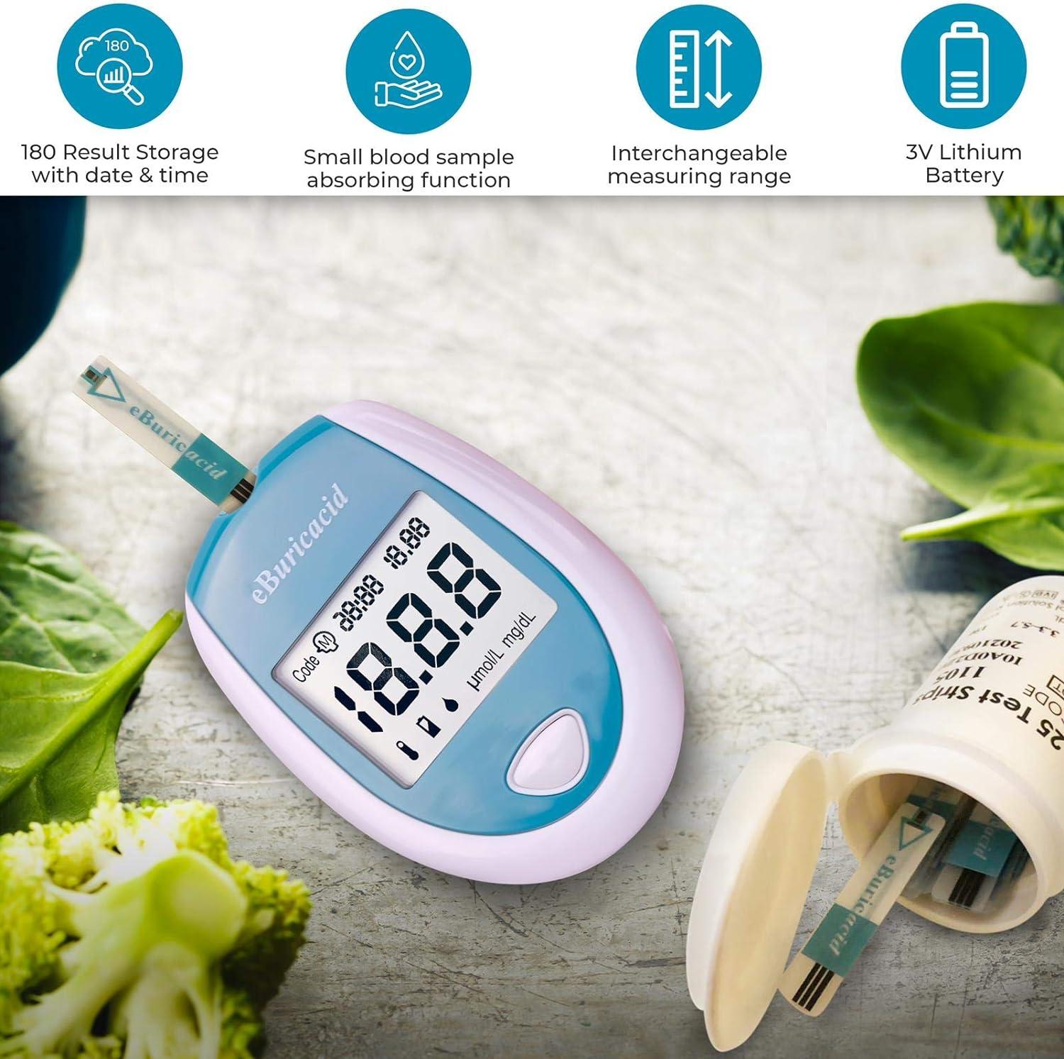 eBuricacid Uric Acid Test Kit - 25 Test Strips, Lancing Device ...