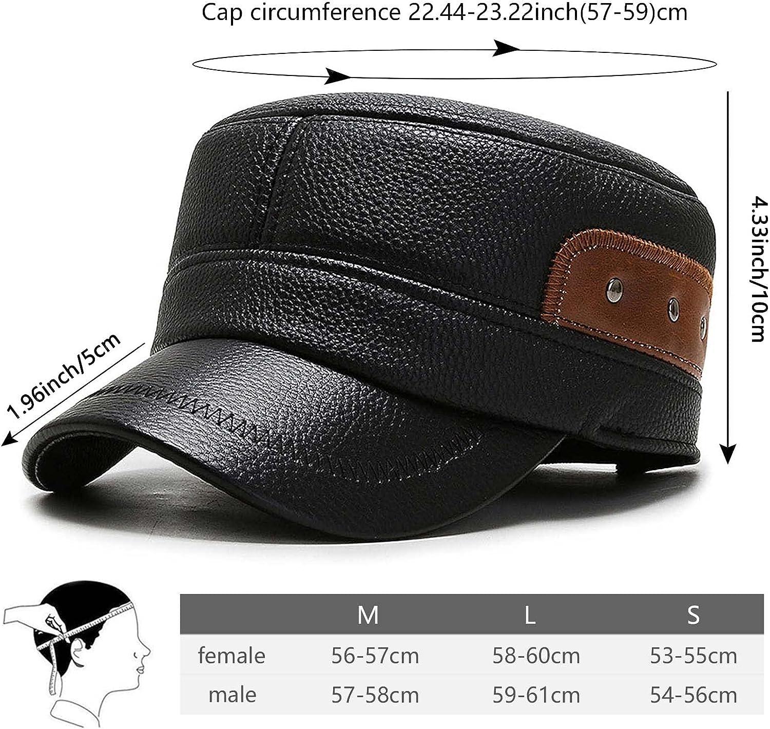 Men's Winter Leather Peaked Cap with Earflap - Adjustable Military ...
