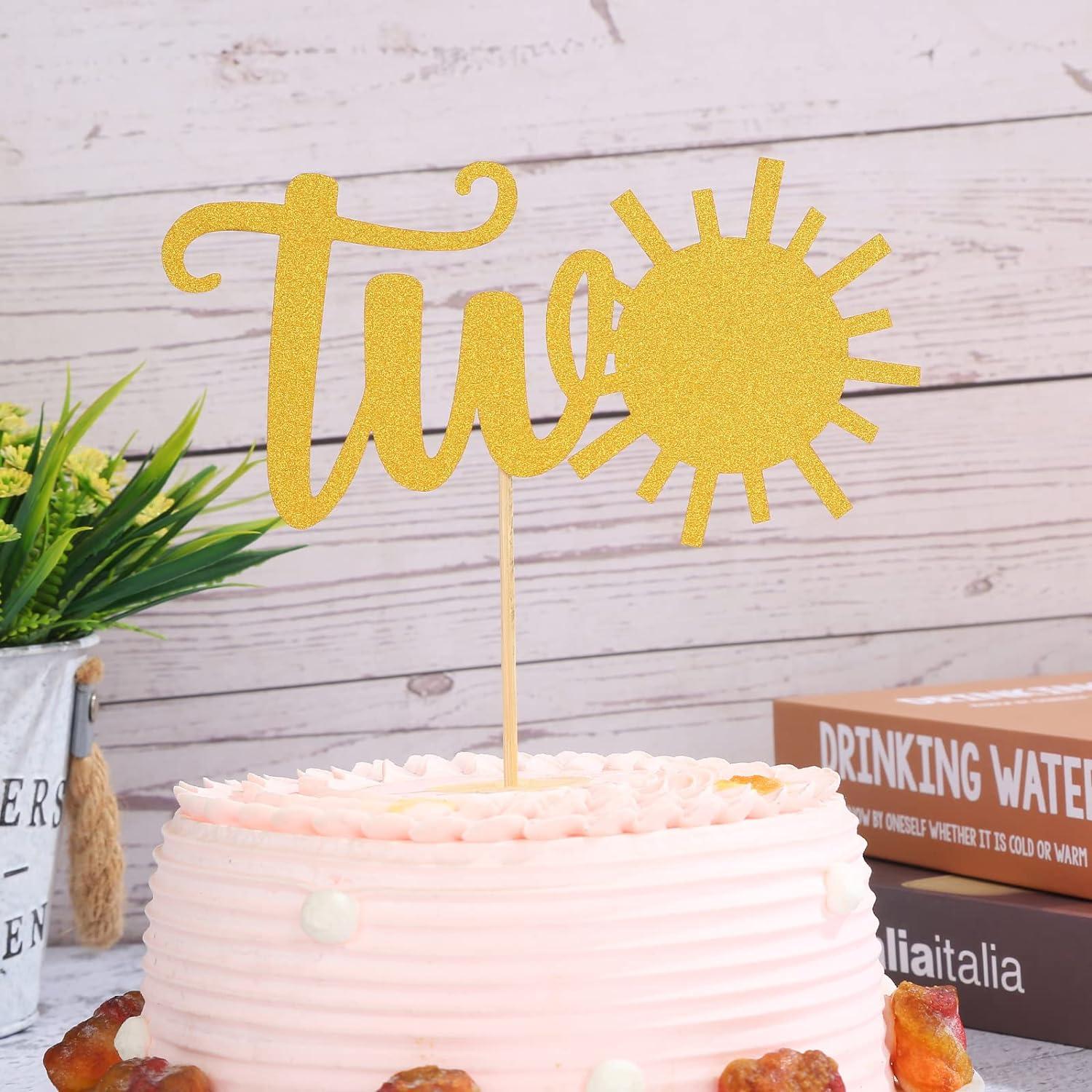 Sun Two Birthday Cake Topper - Single-sided Gold Glitter Sunshine 2nd ...