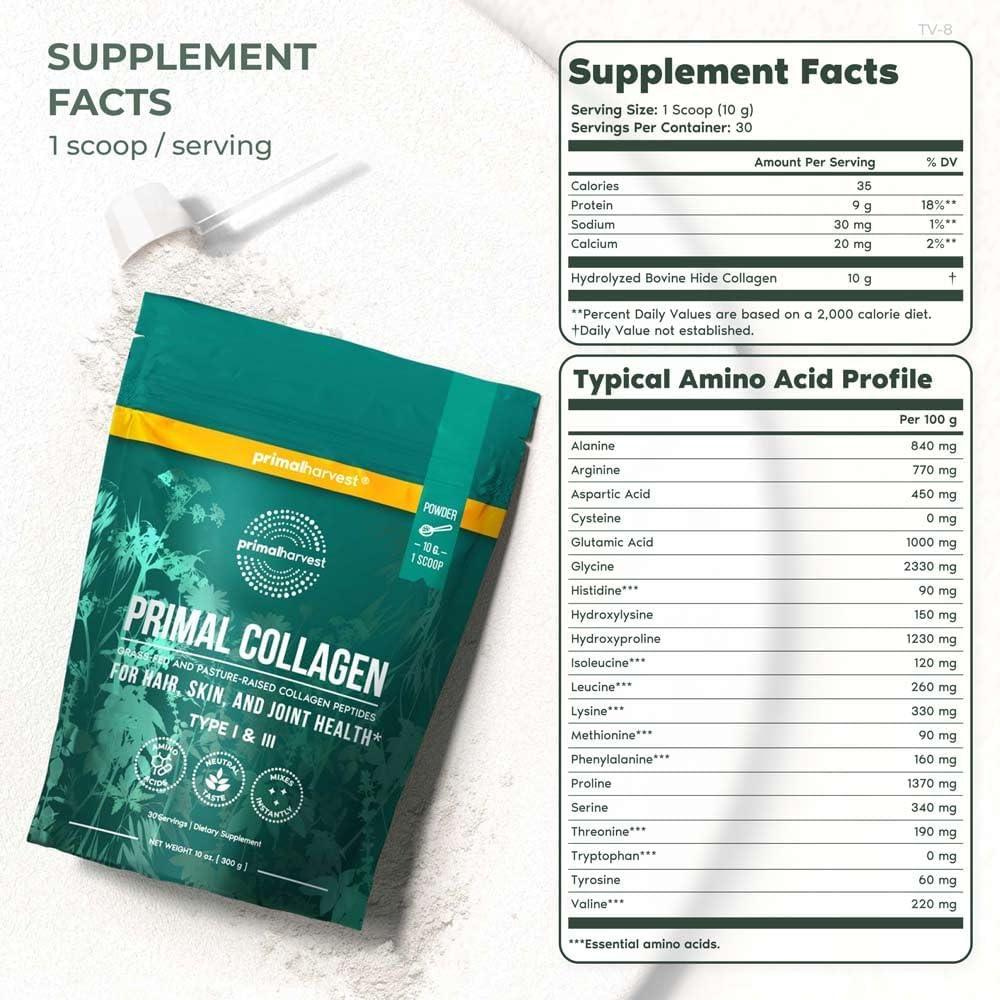 Primal Harvest Collagen Powder - Type I & III Peptides for Hair Skin ...