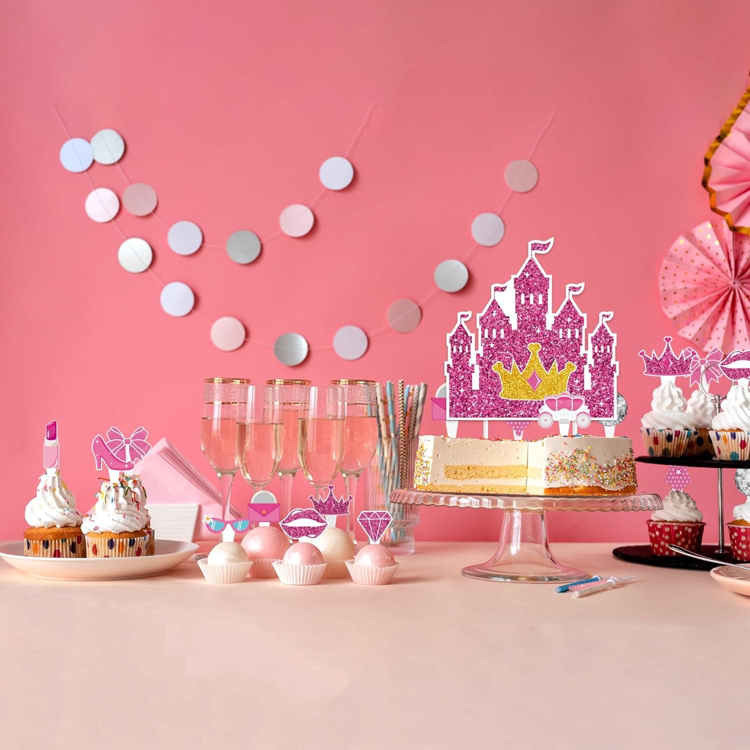 67pcs Glitter Pink Girl Cake Toppers Set 1 Dream House Big Cake Topper ...