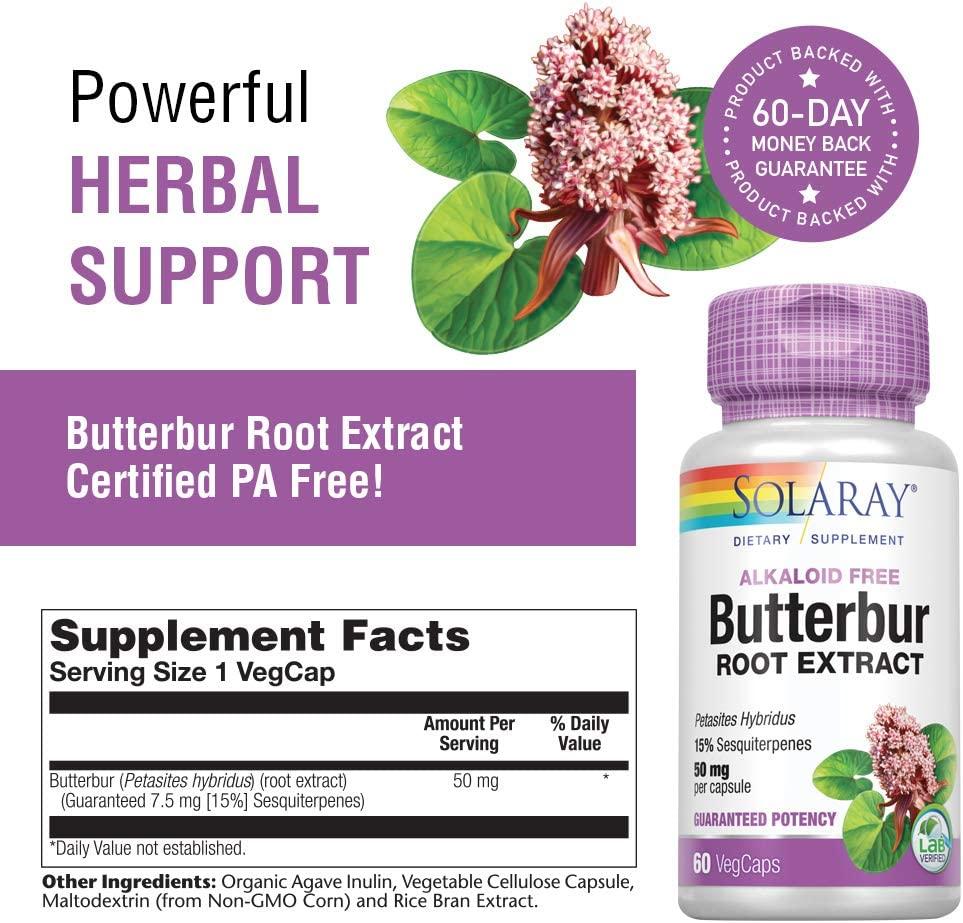 Solaray Butterbur Root Extract 50 mg - 60 VegCaps for Natural Relief ...