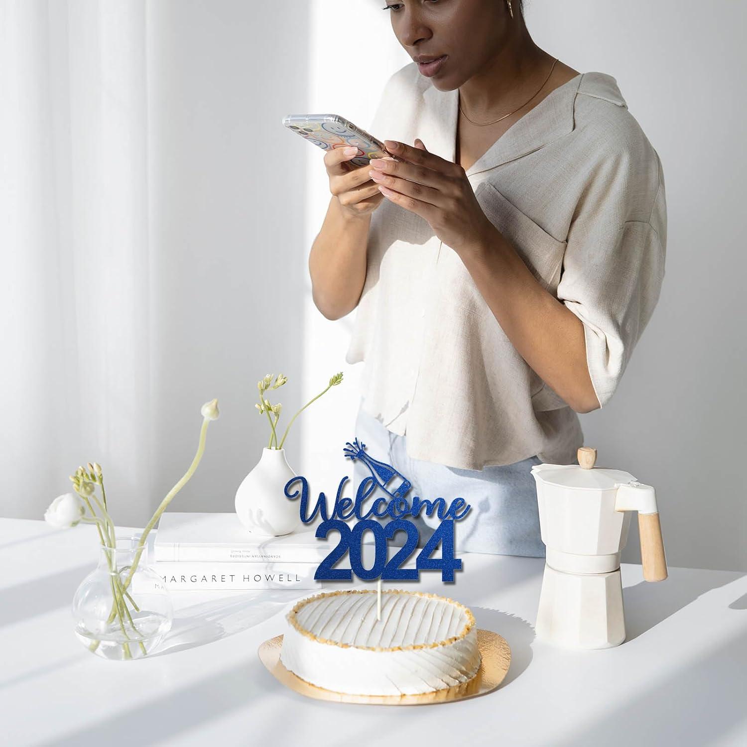 Blue Glitter Welcome 2024 Cake Topper - Happy New Year 2024 Cake Topper ...