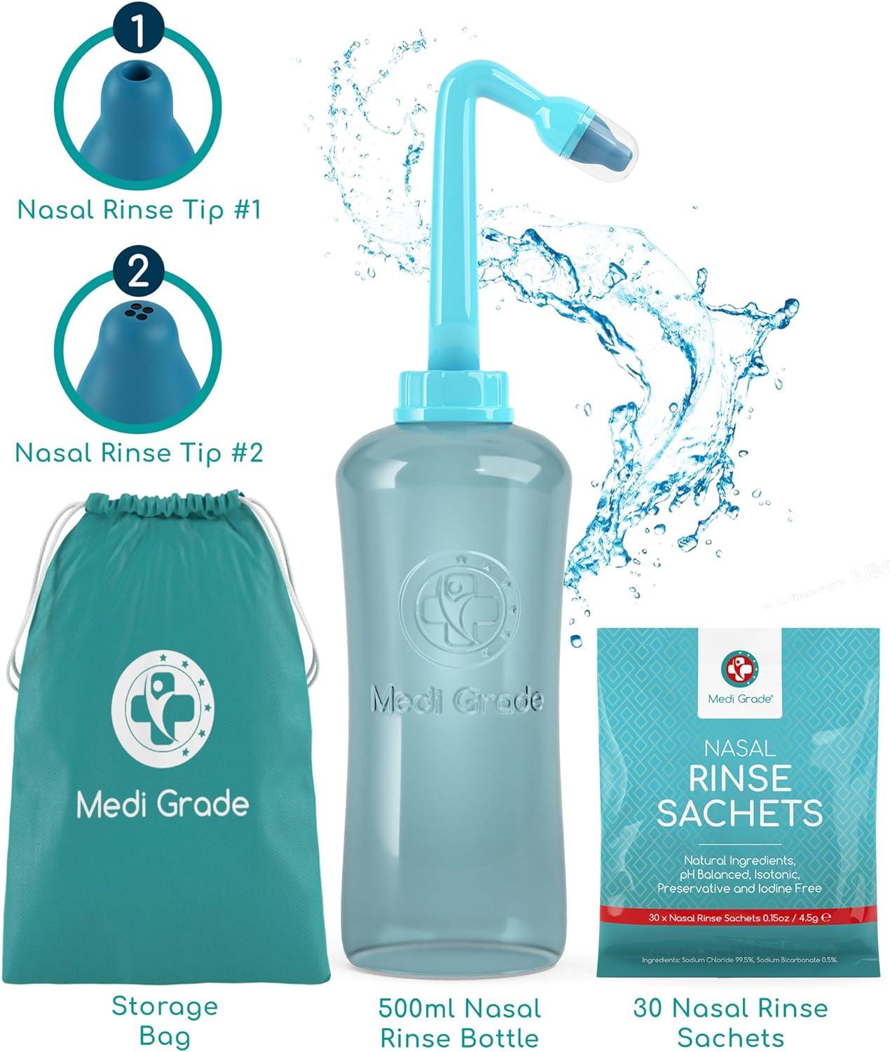 Medi Grade Nasal Irrigation Kit - 500ml Rinse Bottle with 30 Saline ...