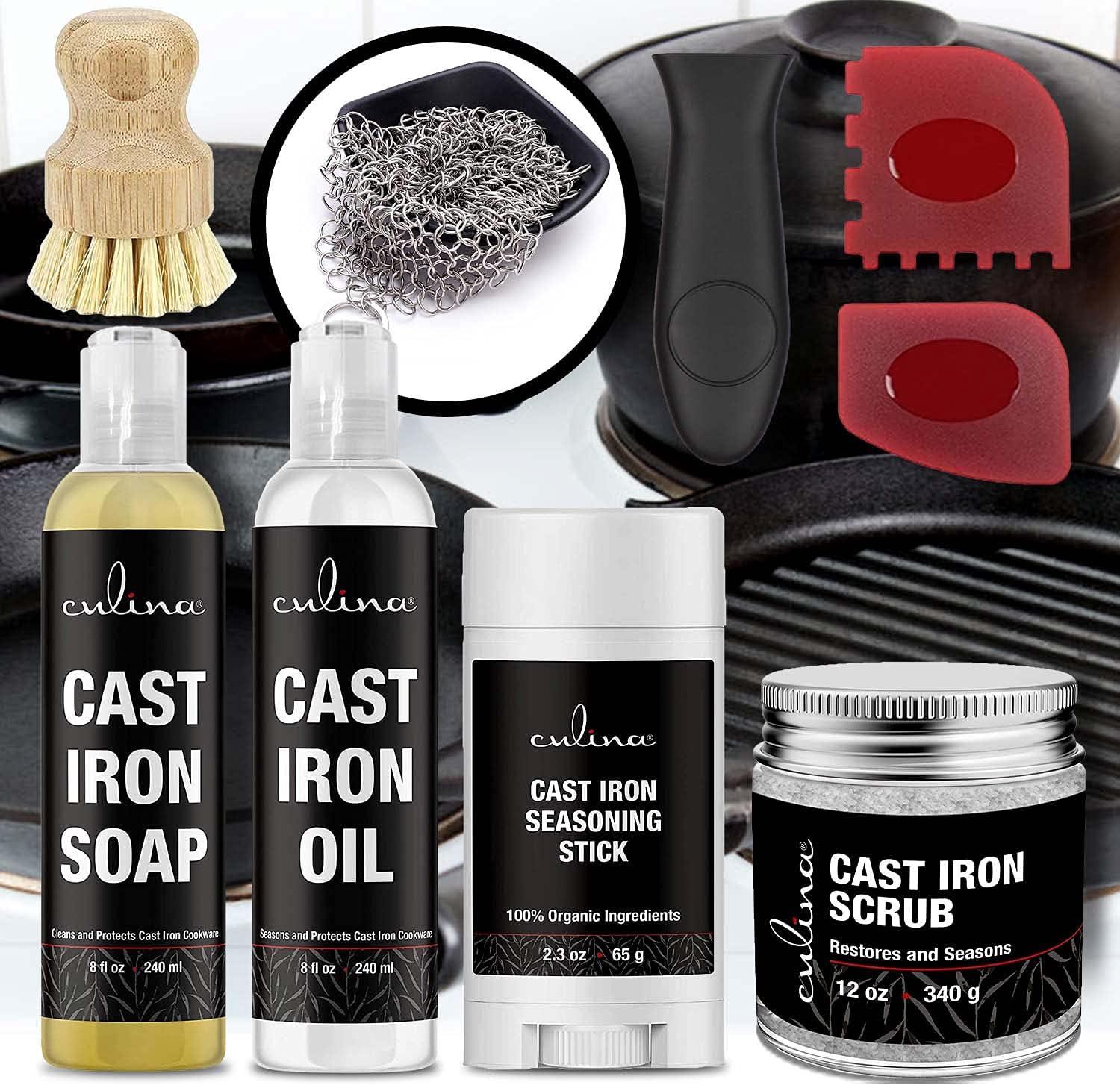 Culina Cast Iron Soap Stick & Conditioning Oil Set | Stainless Scrubber ...