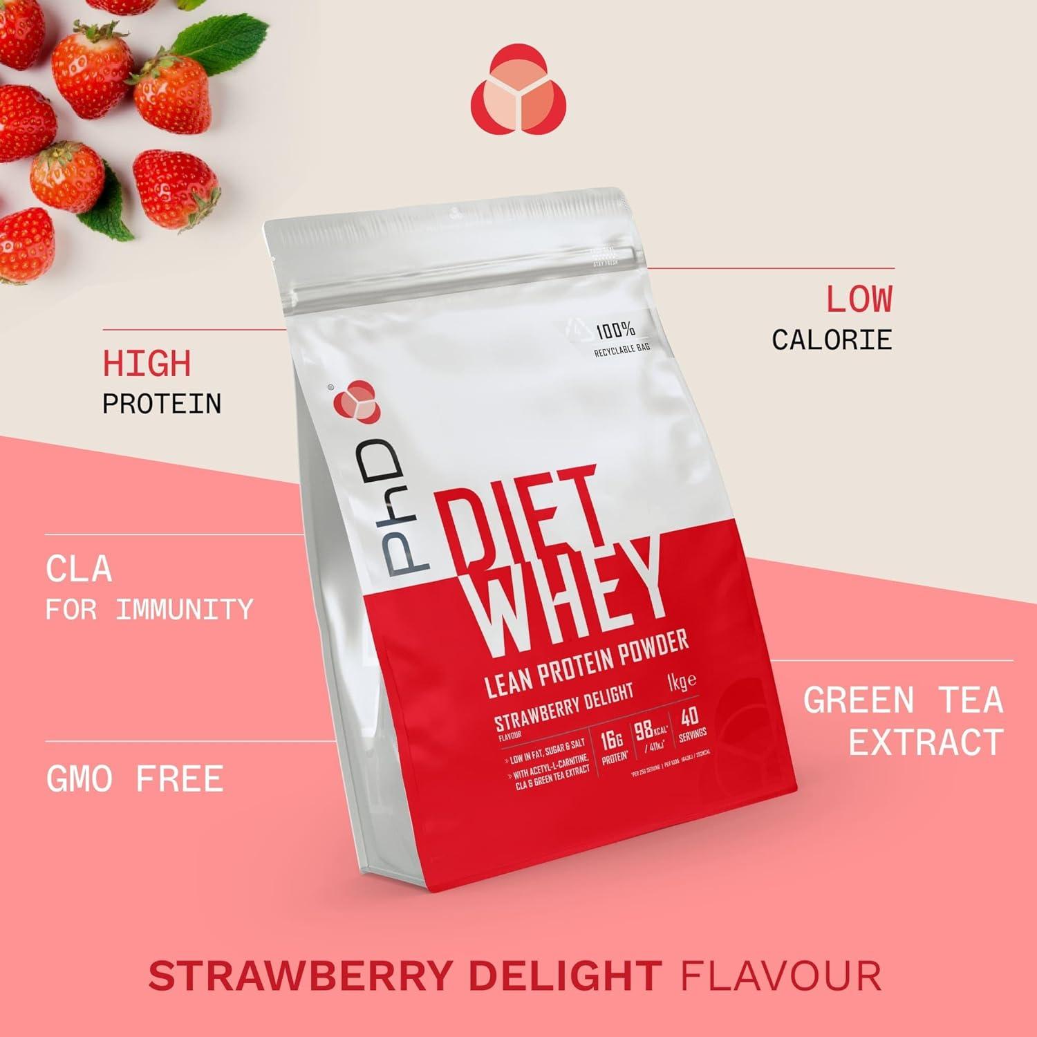 PhD Nutrition Diet Whey Strawberry Delight Protein Powder 1kg - Low Calorie, Low Carb, High ...