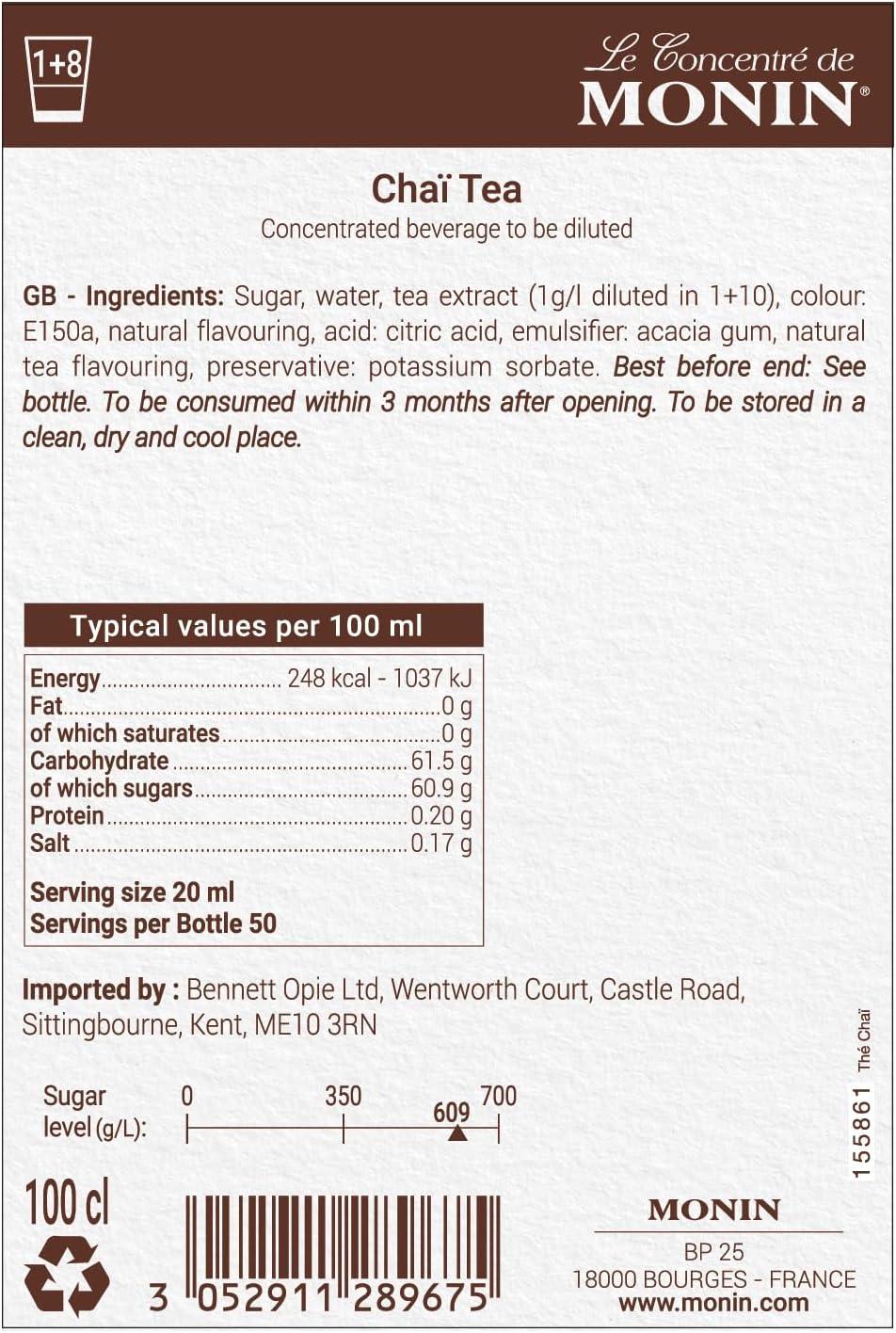 MONIN Premium Chai Tea Syrup 1L for Chai and Cocktails. Vegan-Friendly ...