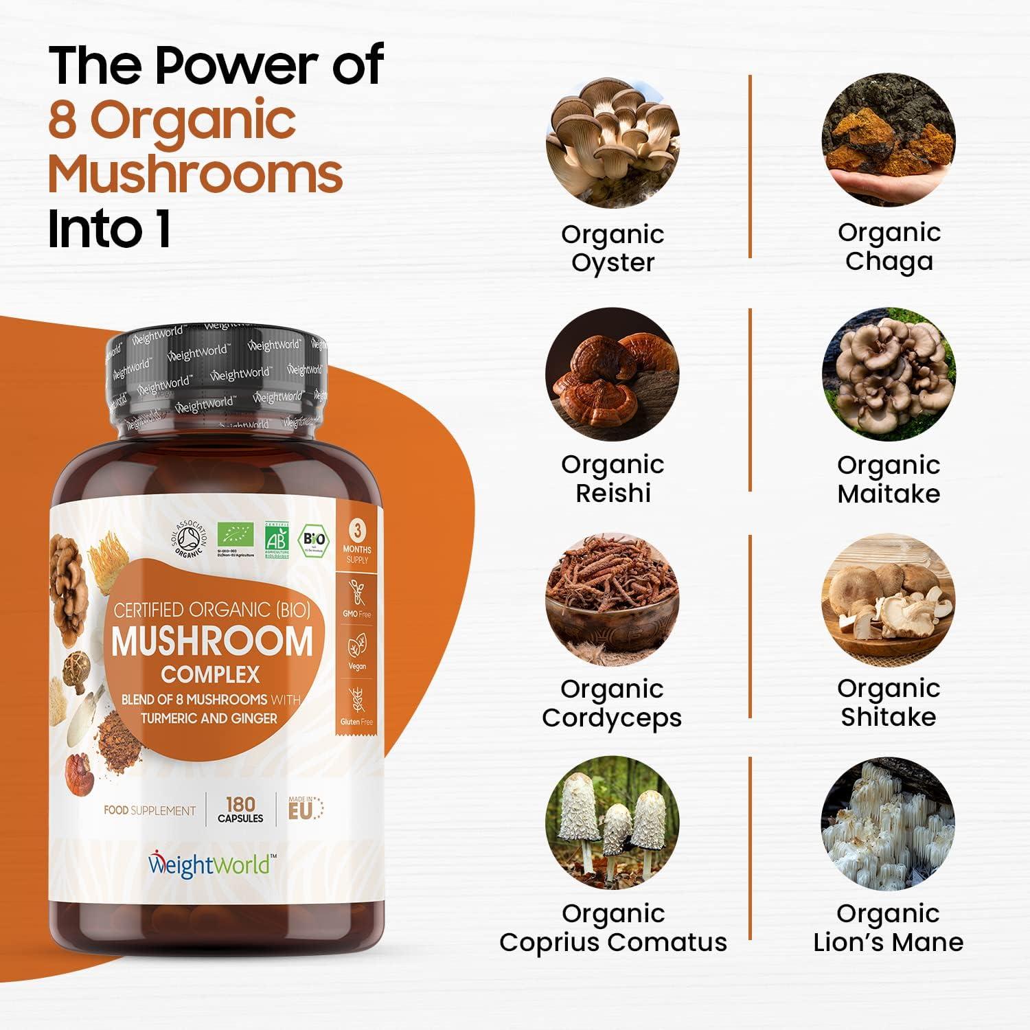 Organic Mushroom Complex 8-180 Capsules - 1000mg - Lion's Mane & 7 ...