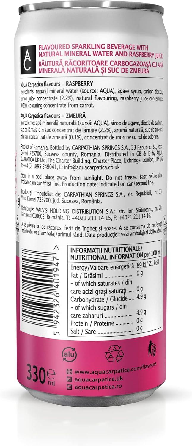 AQUA Carpatica Sparkling Raspberry Flavoured Water 330ml x 4 - Natural Fruit Juice Infused ...