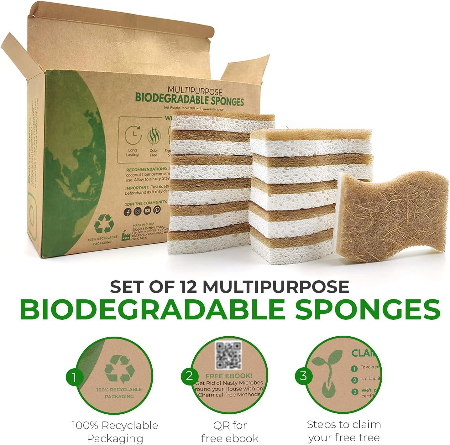 AIRNEX Biodegradable Natural Kitchen Sponge - Pack of 12 Eco Friendly ...