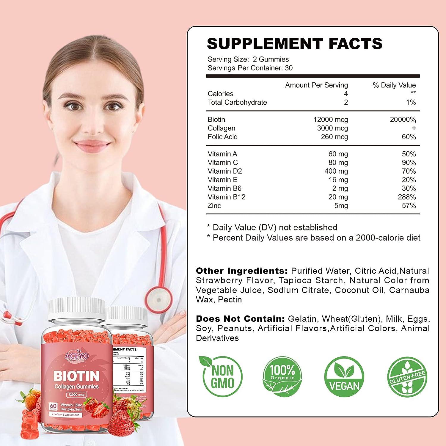 ACEYO Organic Biotin Collagen Gummies 12000mcg for Hair Growth with ...