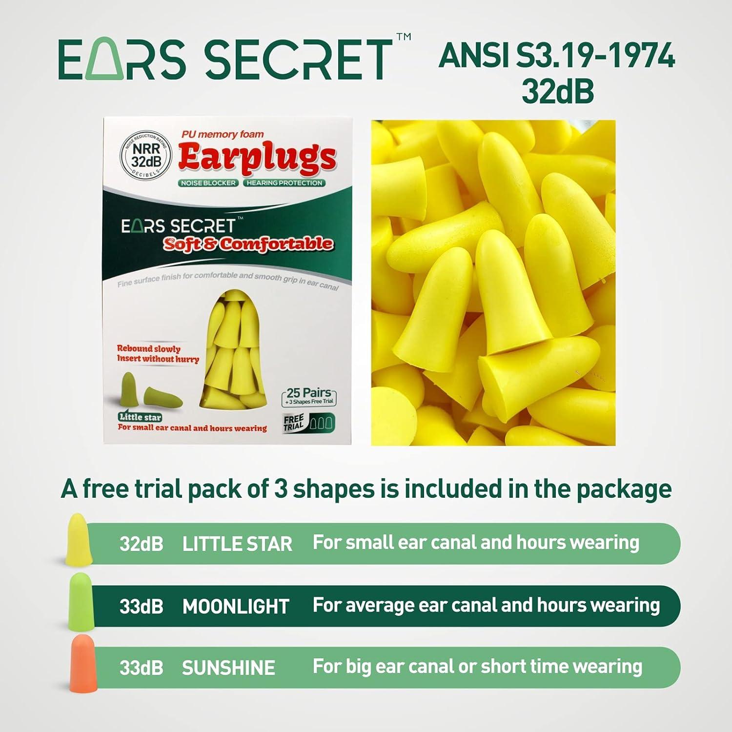 EARS SECRET Small Size Foam Ear Plugs 25+3 Pairs - 37dB Noise Reduction ...