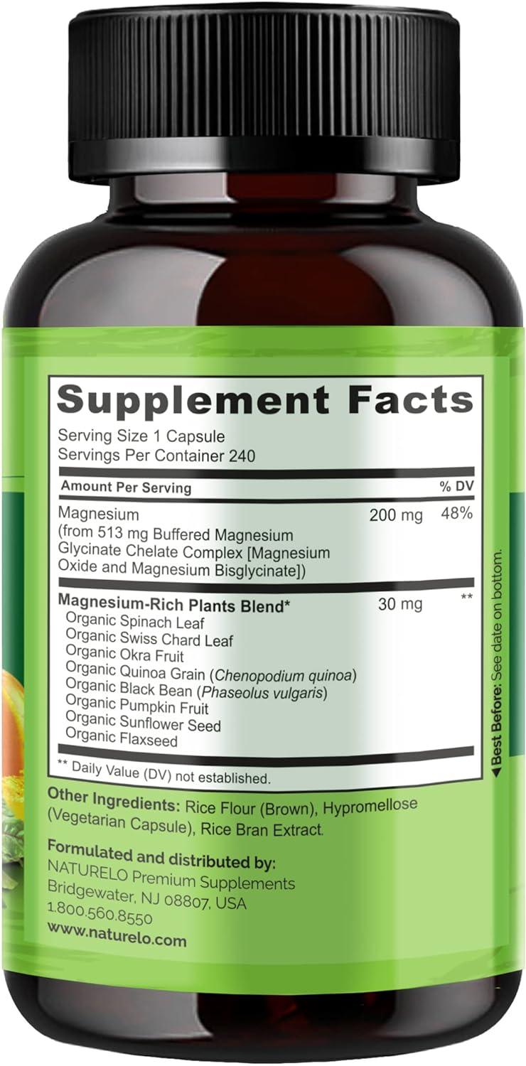NATURELO Magnesium Glycinate Supplement - 200mg Chelate with Organic ...