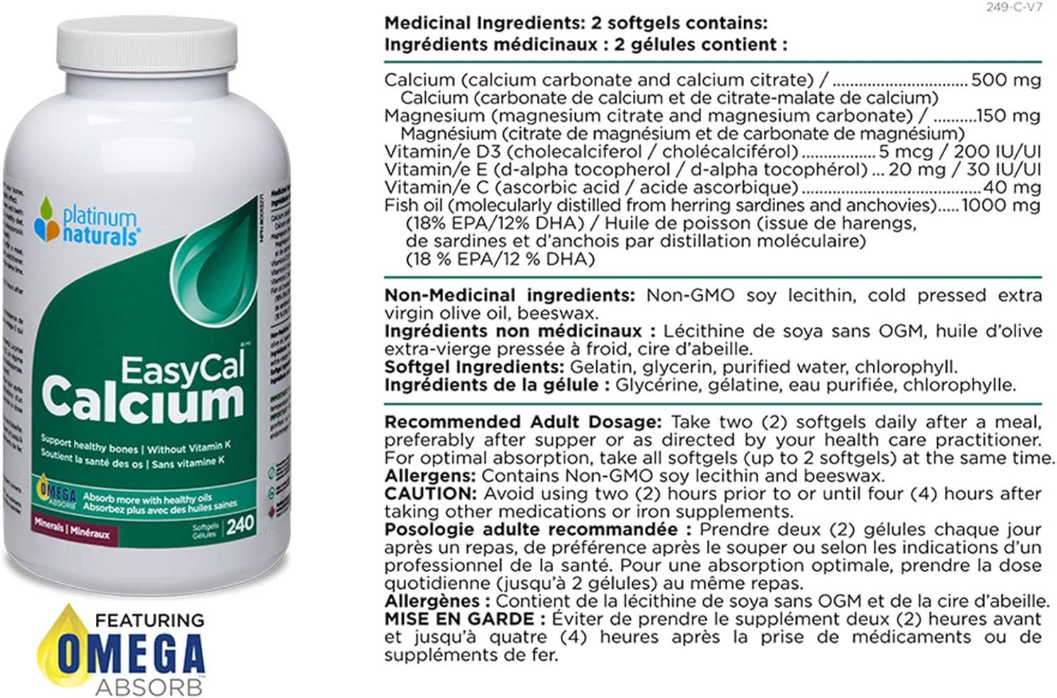 Platinum Naturals EasyCal Extra Strength 240 Softgels | Bone Health ...