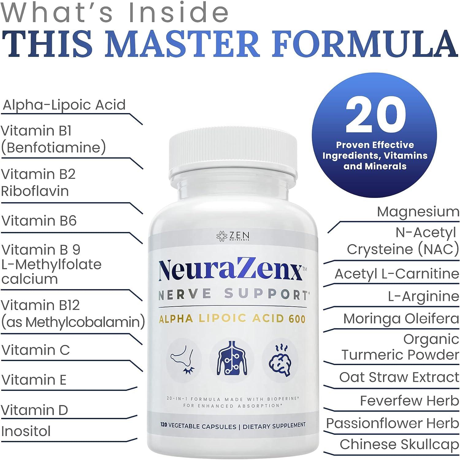 Zen Nutrients Neurazenx 1200mg Alpha Lipoic Acid Neuropathy Formula - Gluten-Free Nerve Vitamins ...