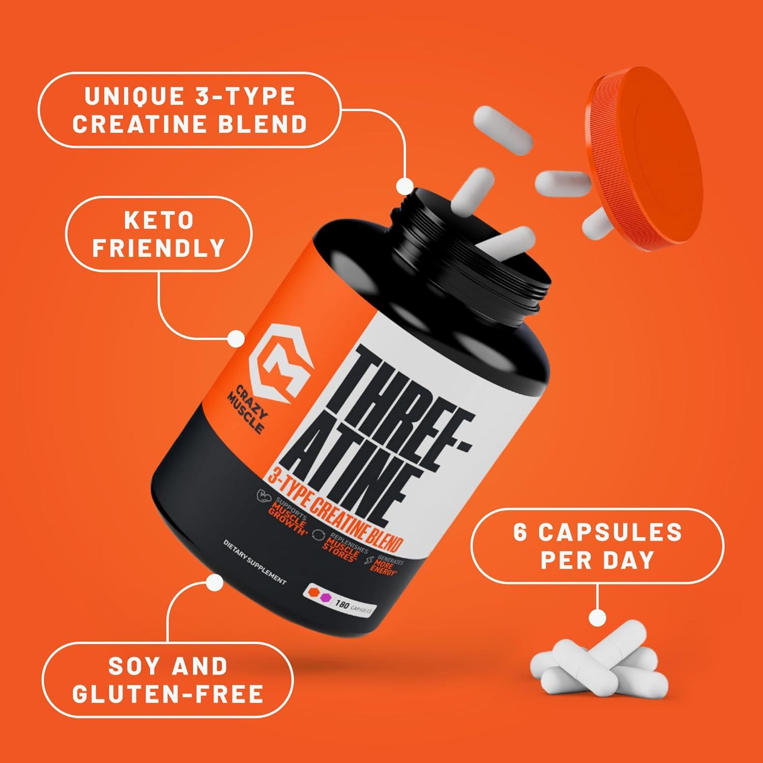 Premium Creatine Capsules 5g - 3X ThreeAtine for Muscle Gain | 180 High ...