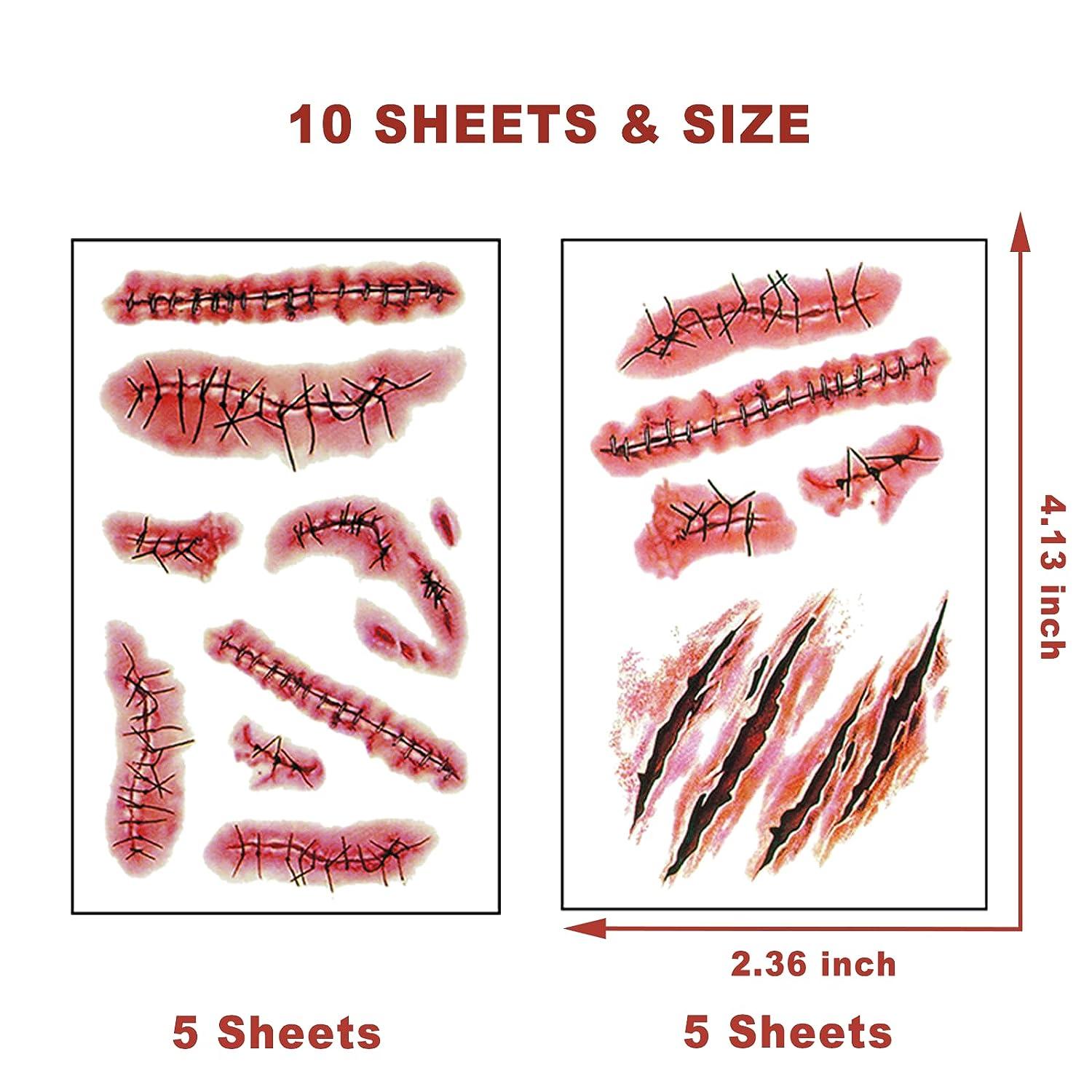 3D Halloween Face Temporary Tattoos - Realistic Fake Blood Wound ...