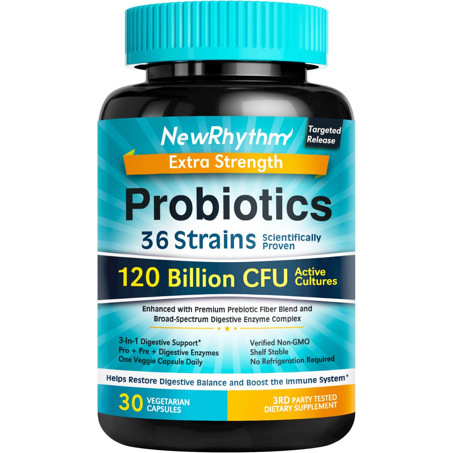 NewRhythm Extra Strength Probiotics 120 Billion CFU - 30 Capsules for ...