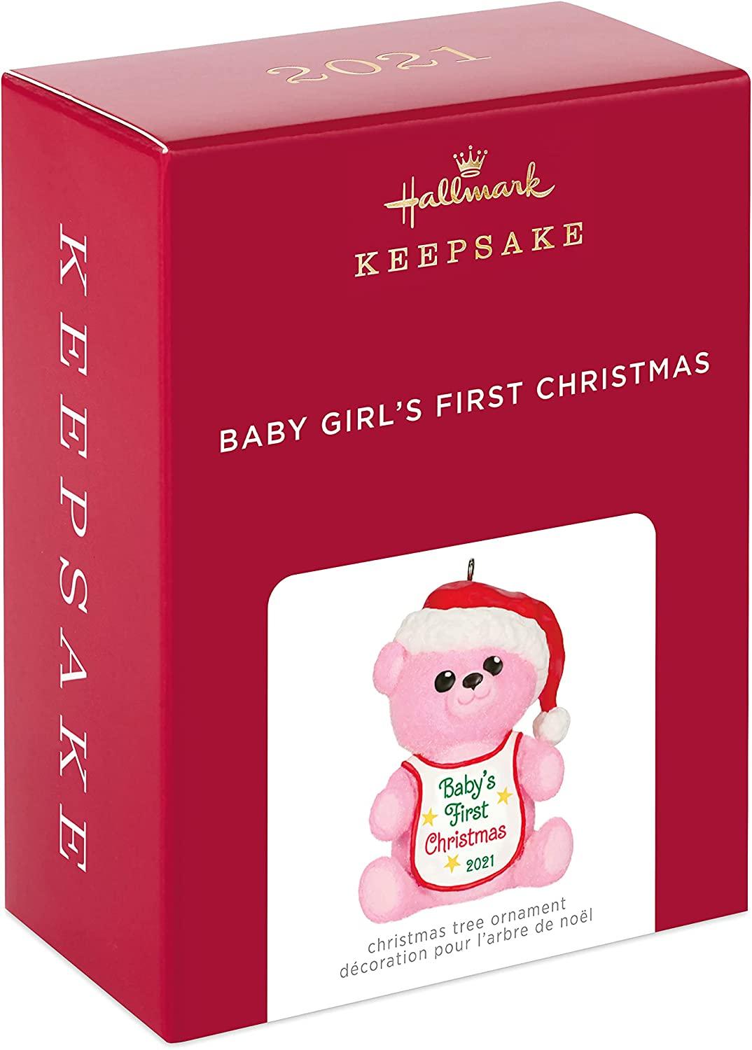 2021 Hallmark Keepsake Baby Girl's First Christmas Pink Bear Ornament ...