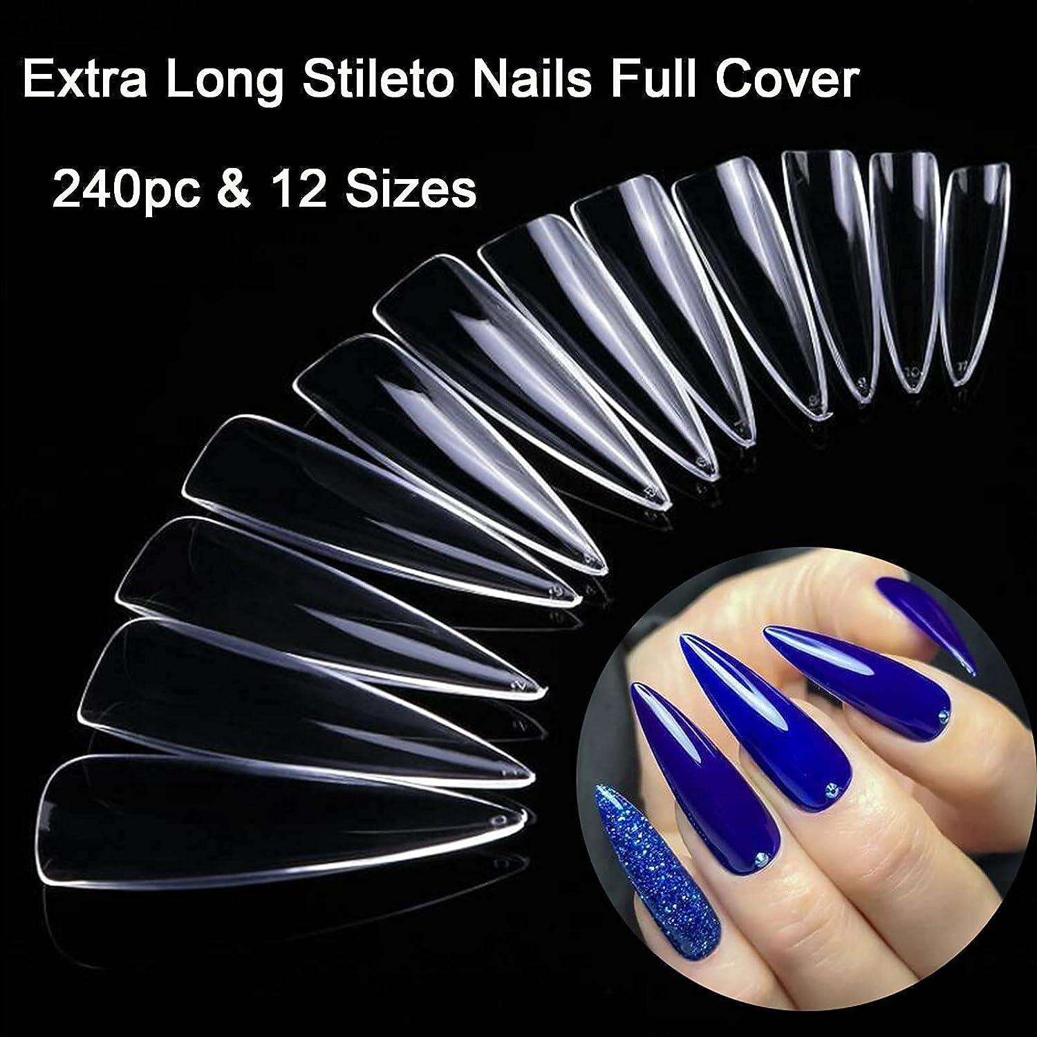 240pc XL Stiletto Acrylic Nail Tips with Butterfly Glitter Flakes ...