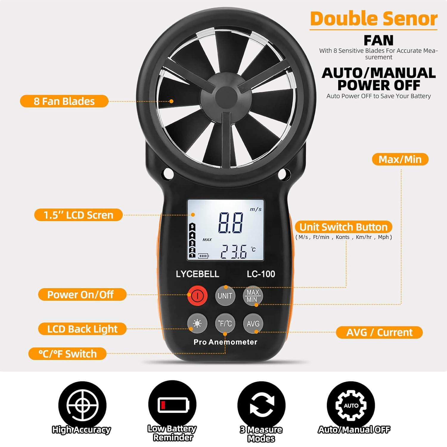 Lycebell LC-100 Digital Anemometer | Handheld Wind Speed Meter ...