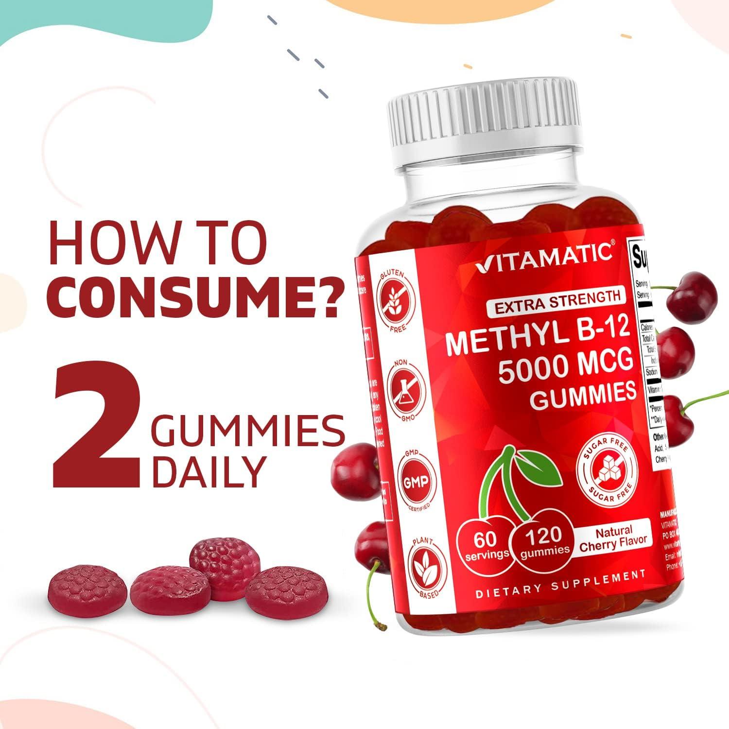 Vitamatic Extra Strength Vitamin B12 5000 mcg Methyl B12 Gummies - 120 Count | Energy & Nervous ...