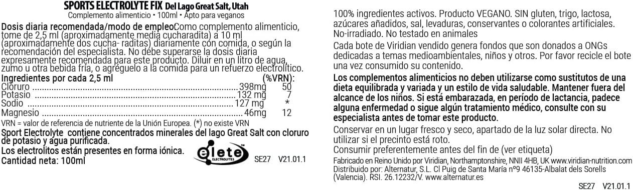 Viridian Sports Electrolyte Fix Liquid 100ml - Hydration for Athletes ...