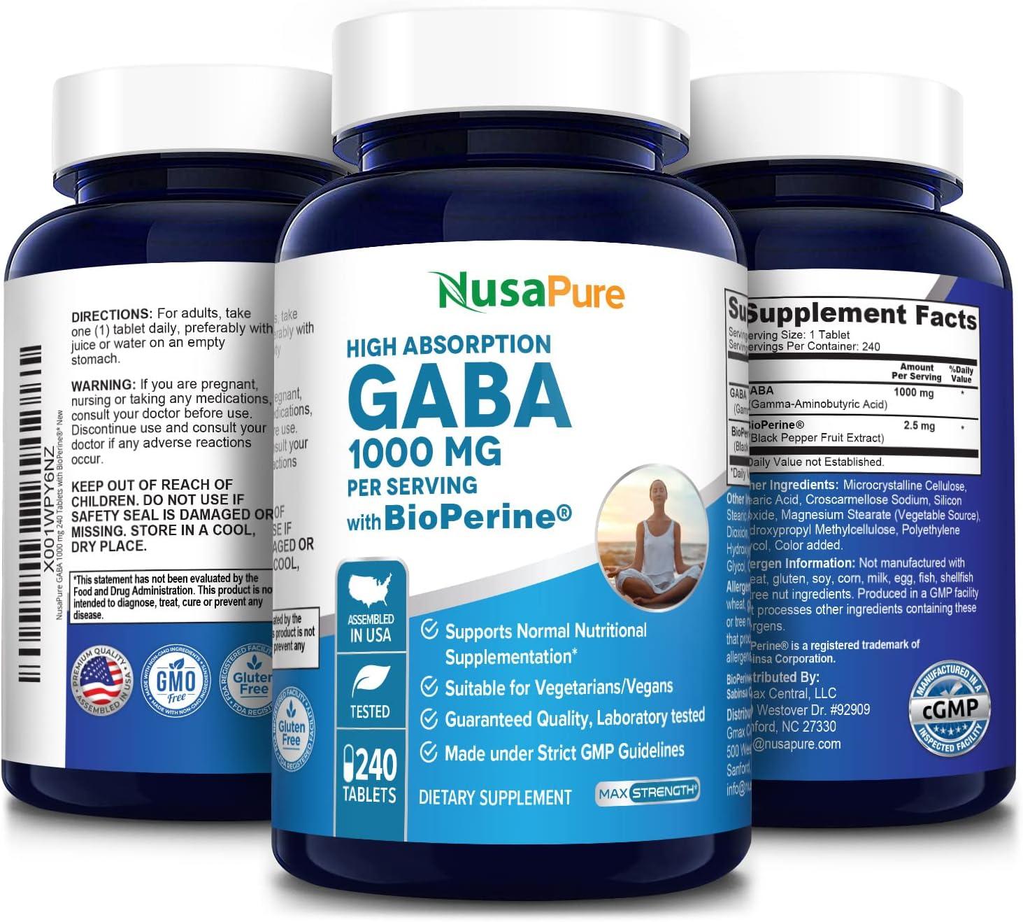 NusaPure GABA 1000mg 240 Tablets with Bioperine - Vegan, Non-GMO ...