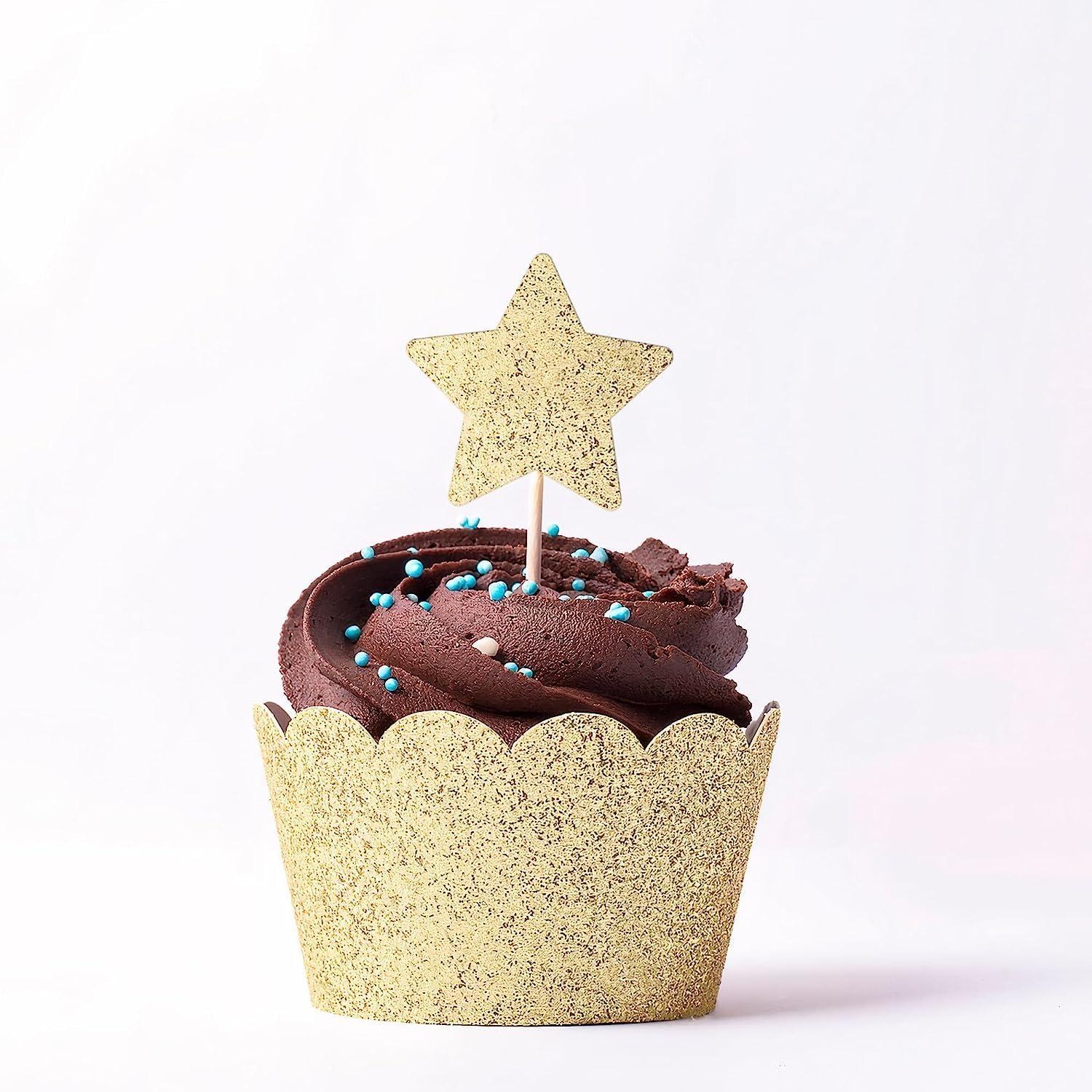 PACK of 24pcs Star Shaped Toppers in Gold Glitter Glitter Cake ...