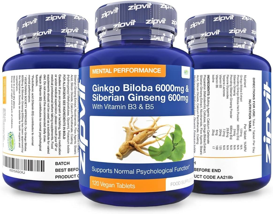 Zipvit Ginkgo Biloba & Siberian Ginseng 6000mg + 600mg with Vitamins B3 ...