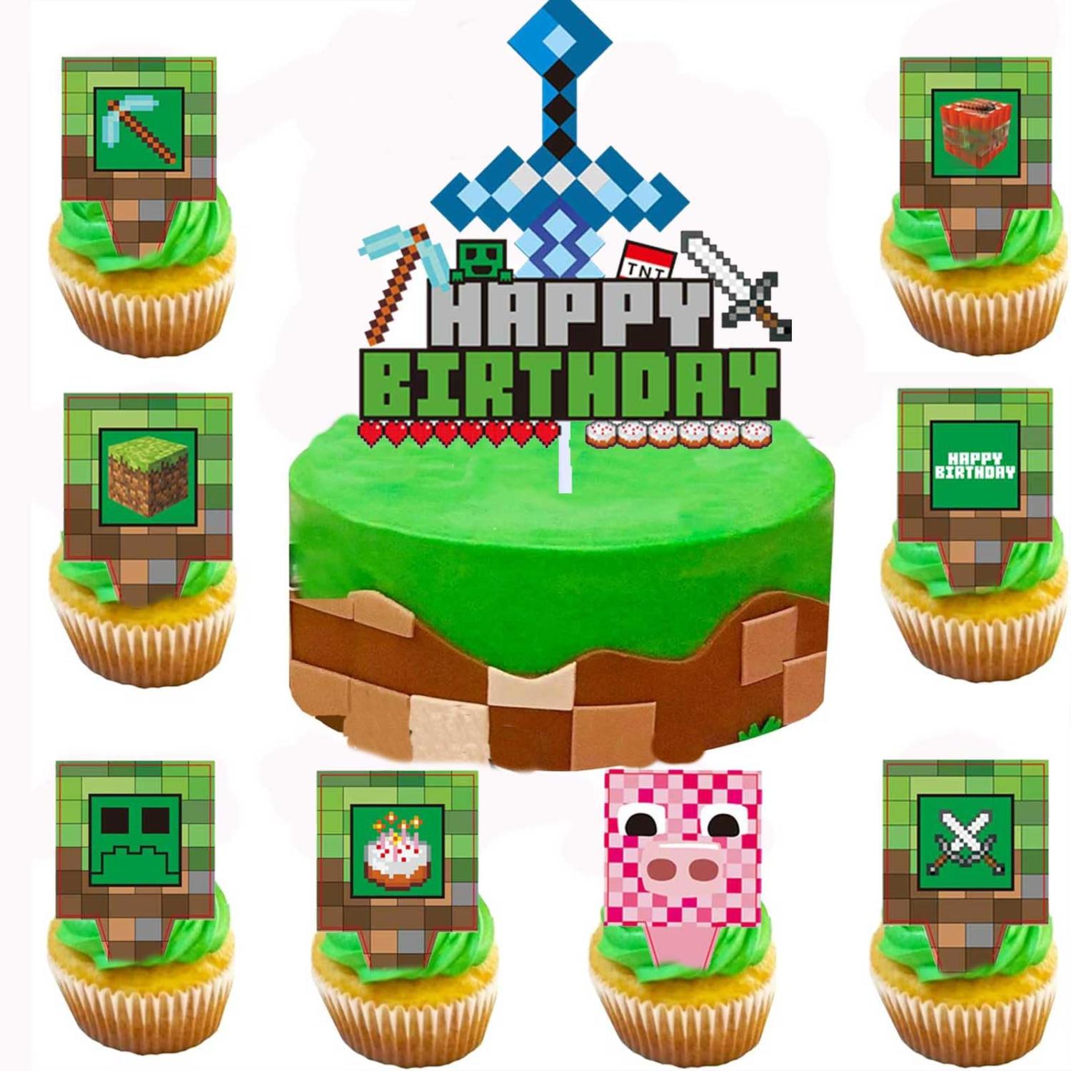 25PCS Video Game Cake Topper Mining Theme Happy Birthday Cake Decorations 1pcs Pixel Cake ...