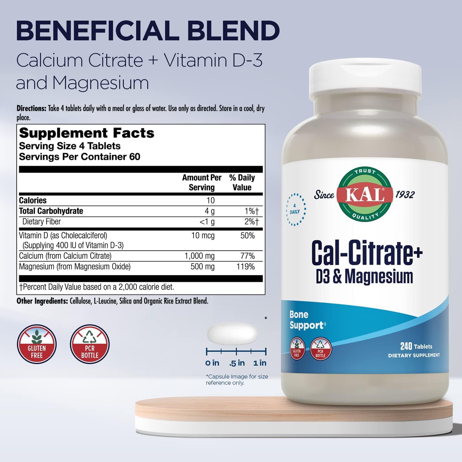 KAL Cal-Citrate+ 240 Tablets | Calcium Citrate, Vitamin D-3, Magnesium ...