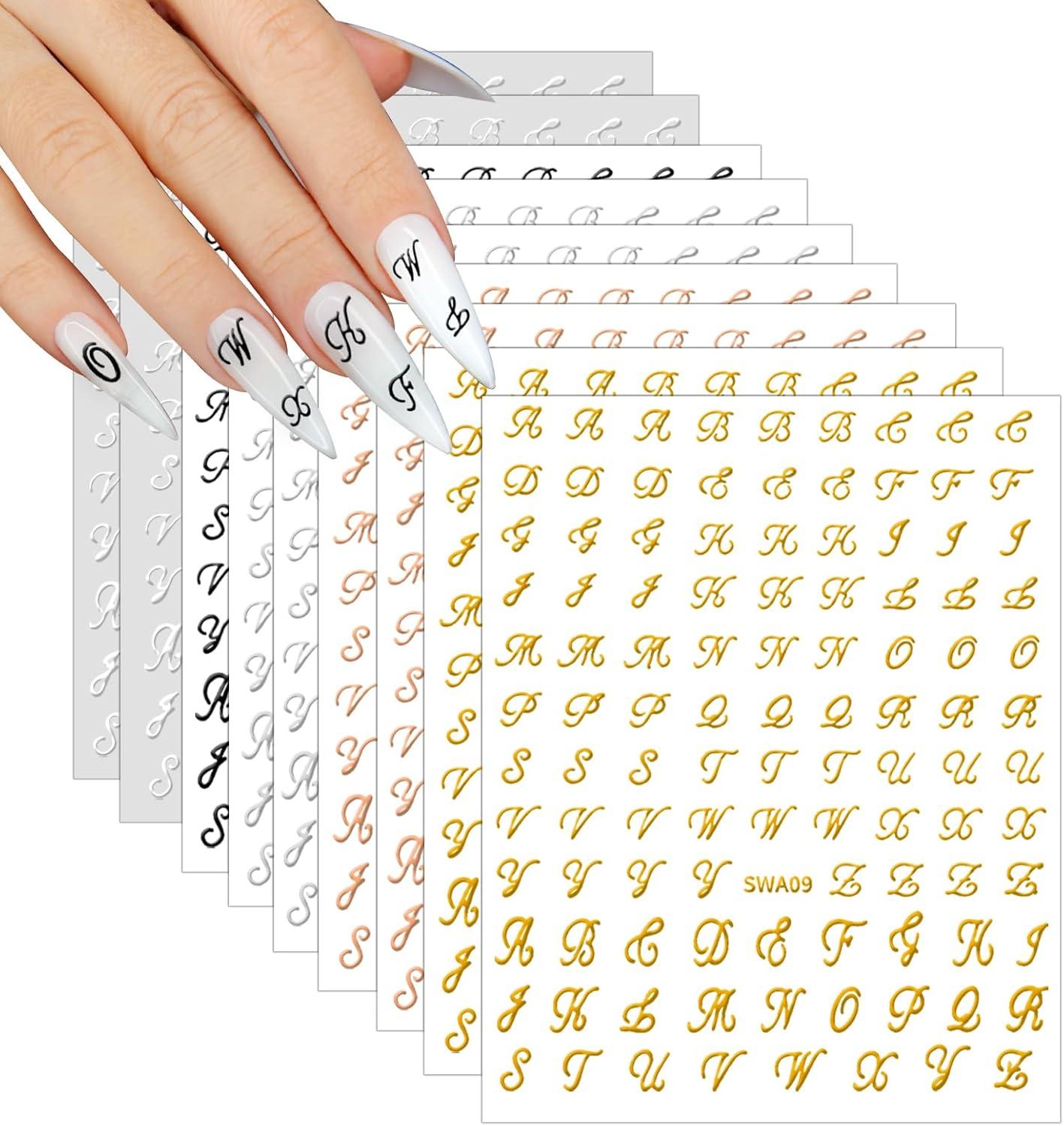 10 Sheets Letters Nail Stickers Calligraphy Nail Art Metal Style Self ...