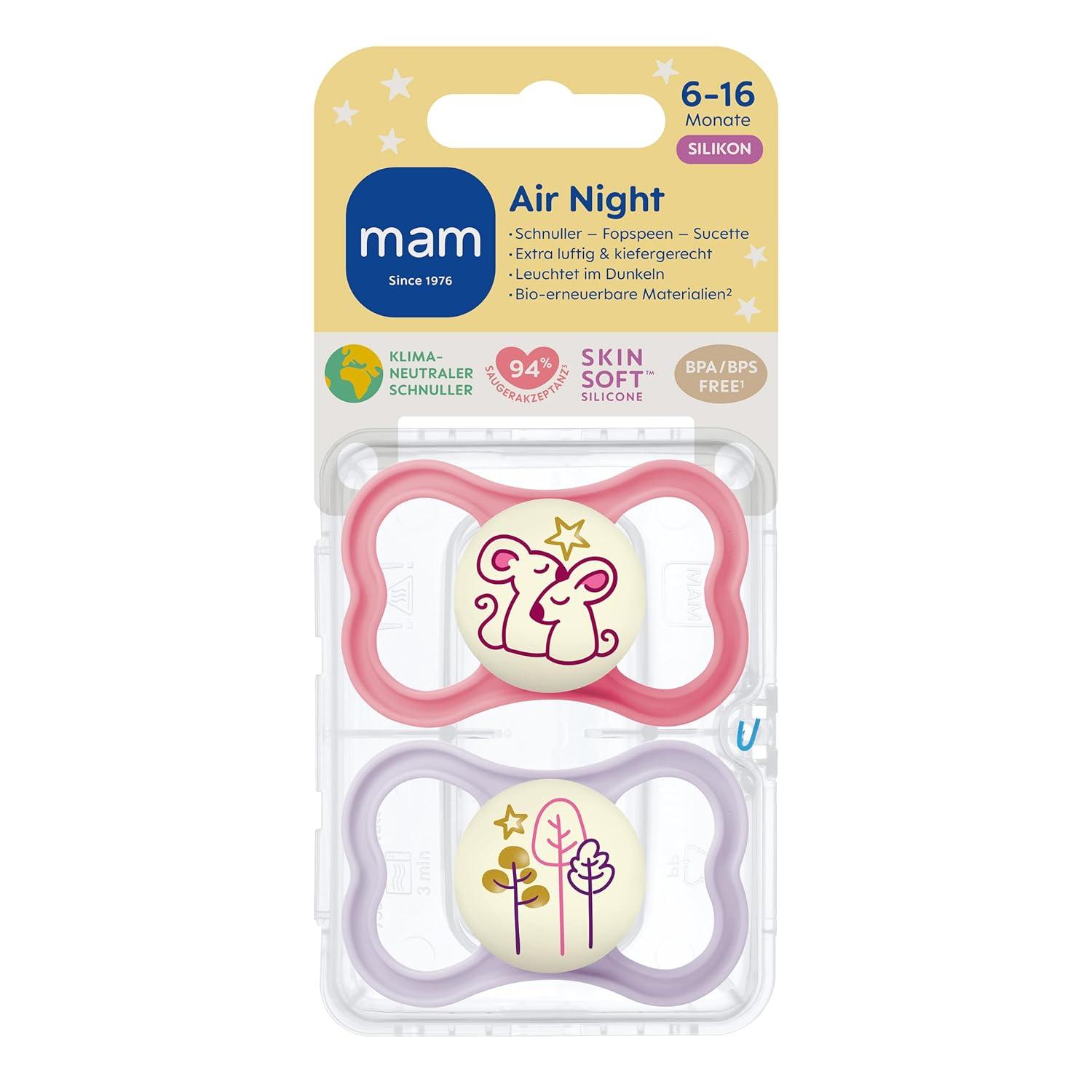 Mam Air Night Silicone Pacifiers Set of 2 - Tooth-Friendly Lightweight ...