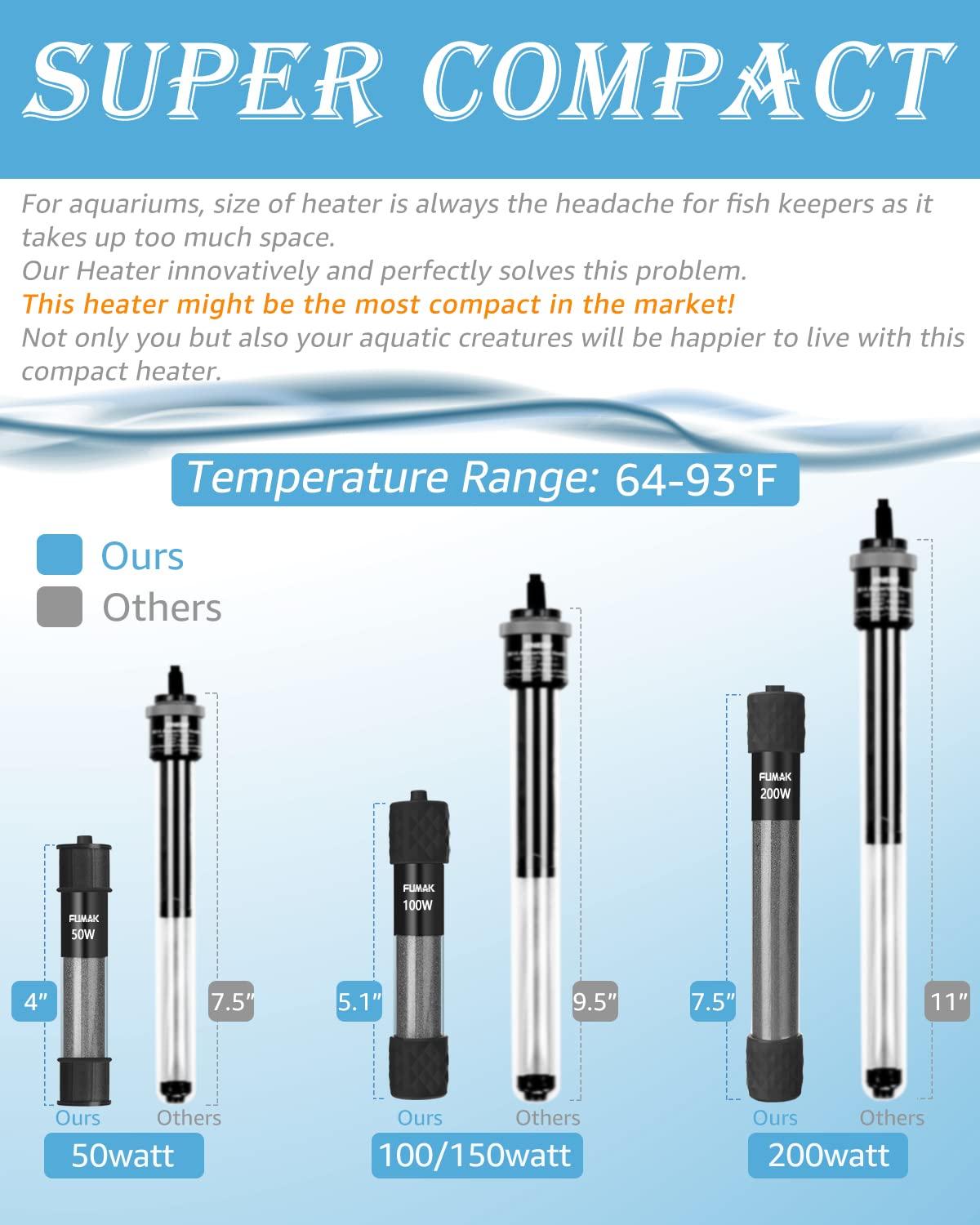 Fumak 100W Adjustable Aquarium Heater Super Short Submersible Fish Tank ...