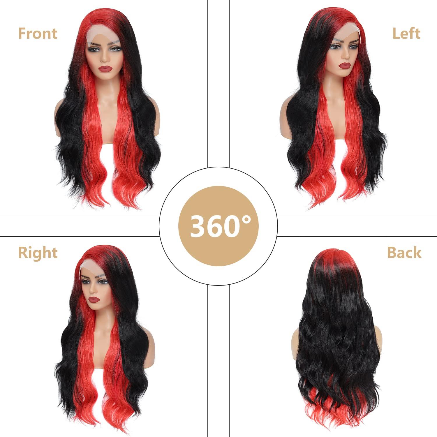 Ombre Red Root Highlight Side Part Wig | Skunk Stripe Long Wavy ...