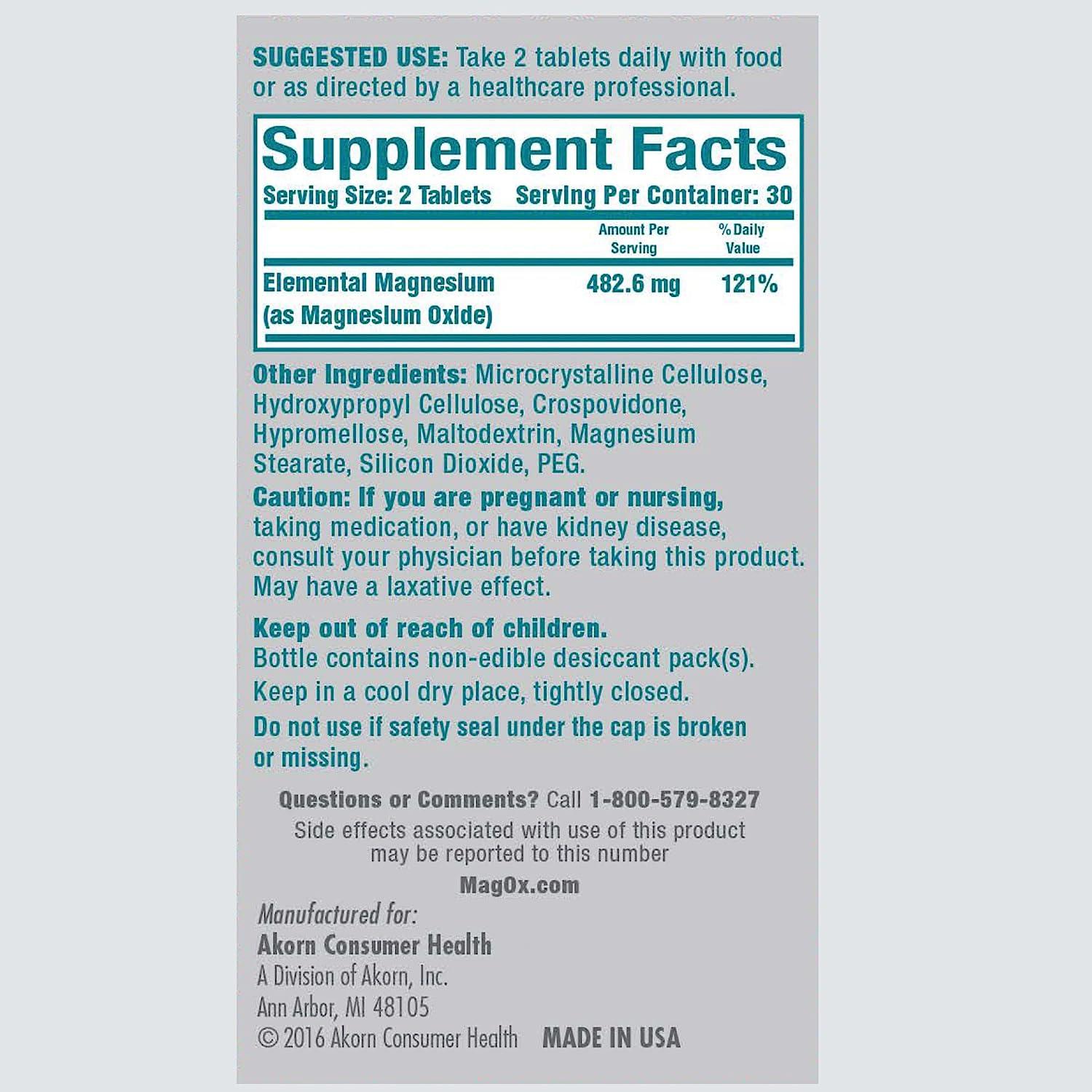 Mag-Ox Magnesium Oxide Supplement 483mg - Pharmaceutical Grade, 120 ...