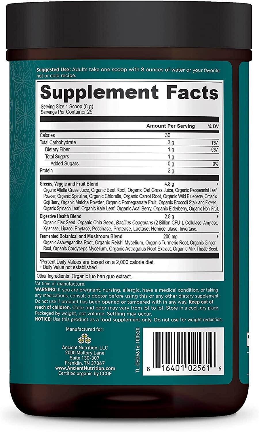 Organic Super Greens Powder with Probiotics & Enzymes - 25 Servings ...