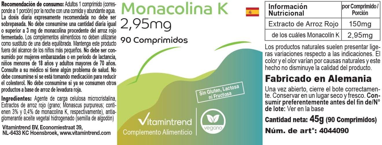 Monacolin K Red Rice Extract - 90 High-Dosed Vegan Tablets | 2.95mg ...