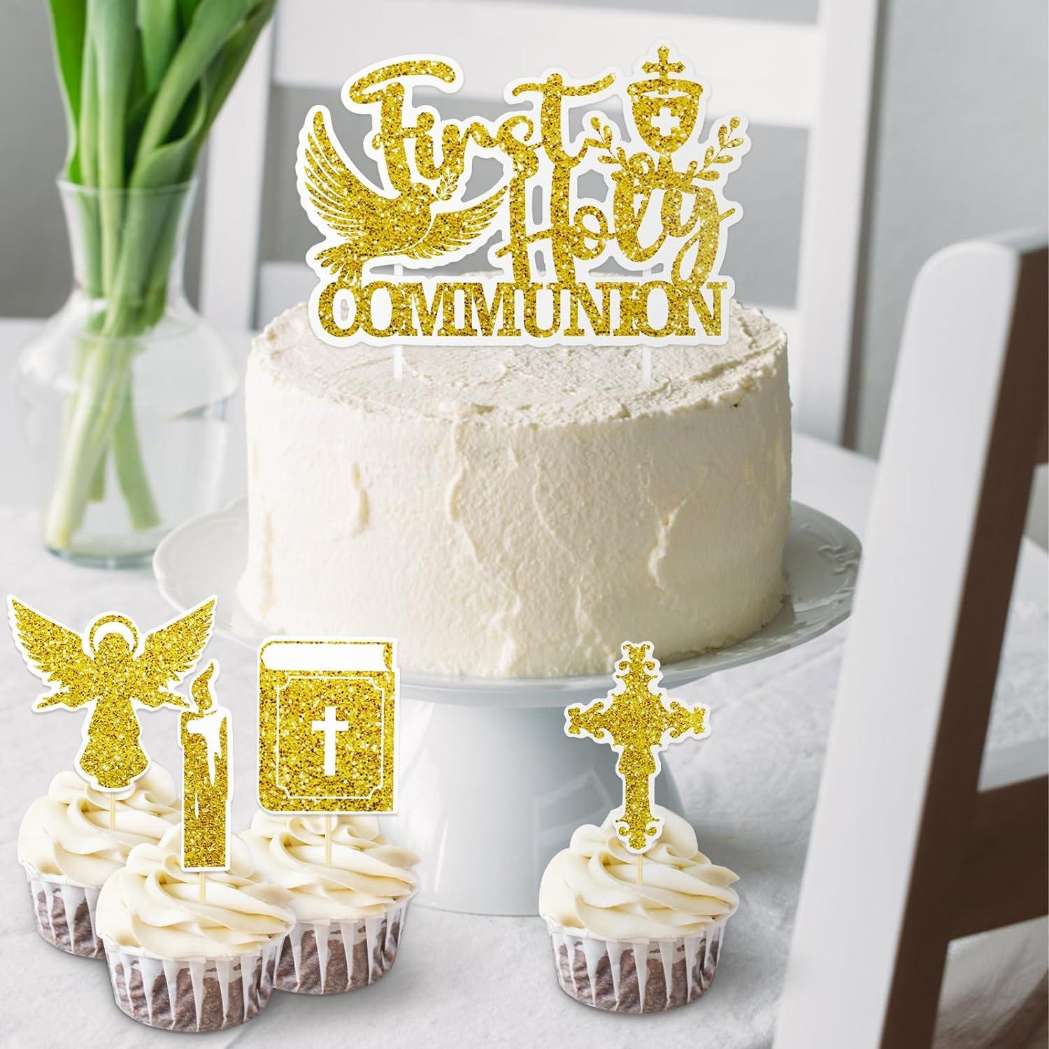 13pcs First Holy Communion Cake Topper Cross Glitter Gold Paper Cupcake ...