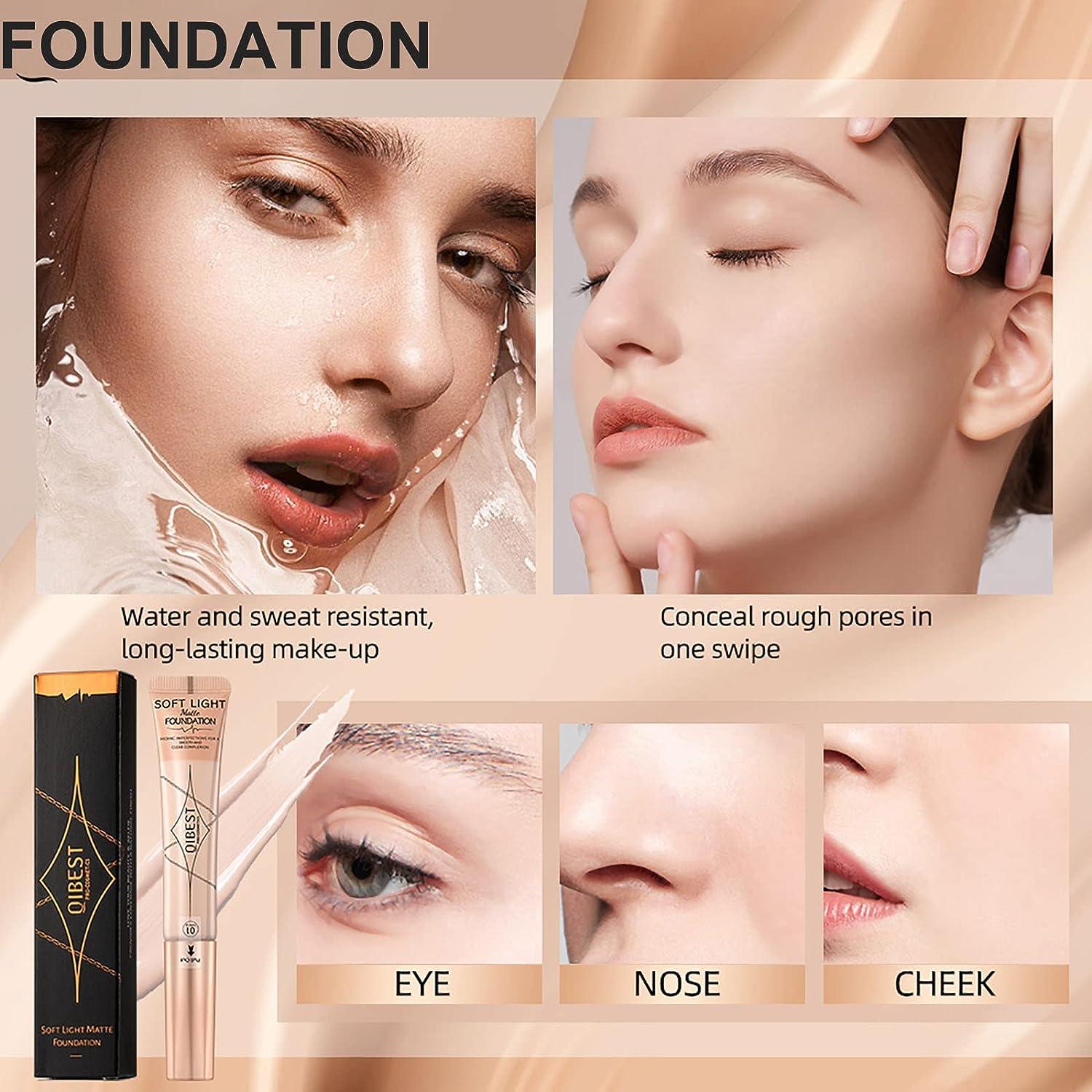 2Pcs 4-in-1 Liquid Foundation Primer, Concealer & Powder | Buildable ...