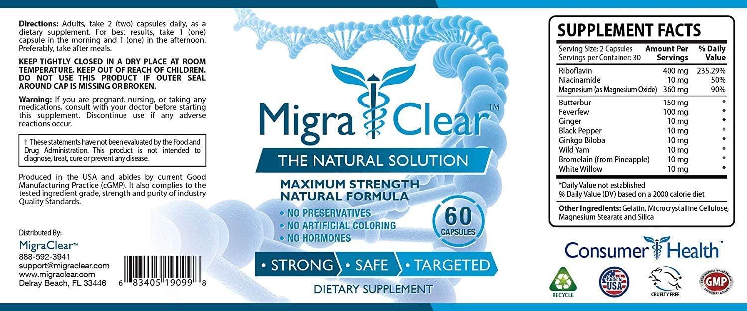 MigraClear - All Natural Migraine Support - Magnesium Ginkgo Biloba Ginger White Willow Feverfew ...
