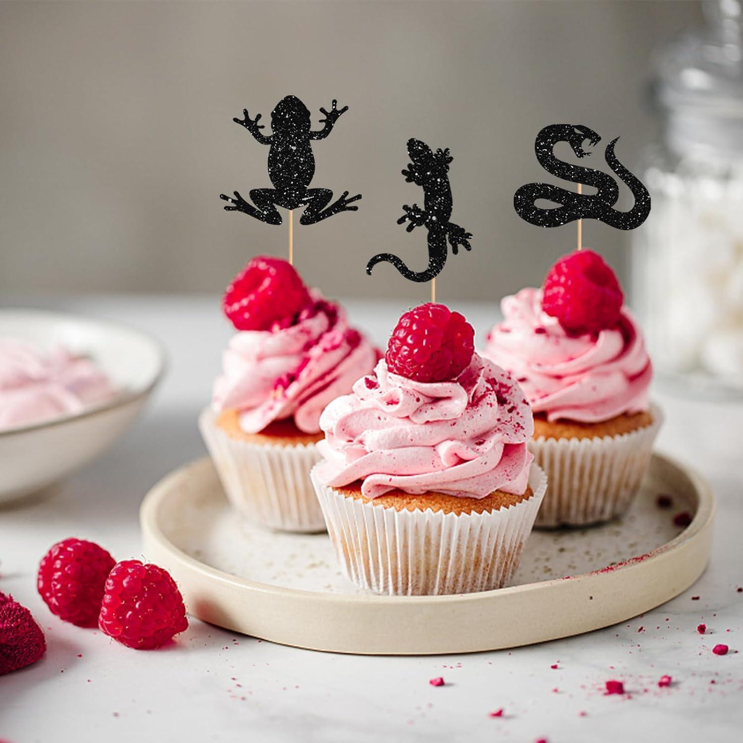24Pcs Reptile Animals Cupcake Toppers Black Glitter Snake Crocodile ...
