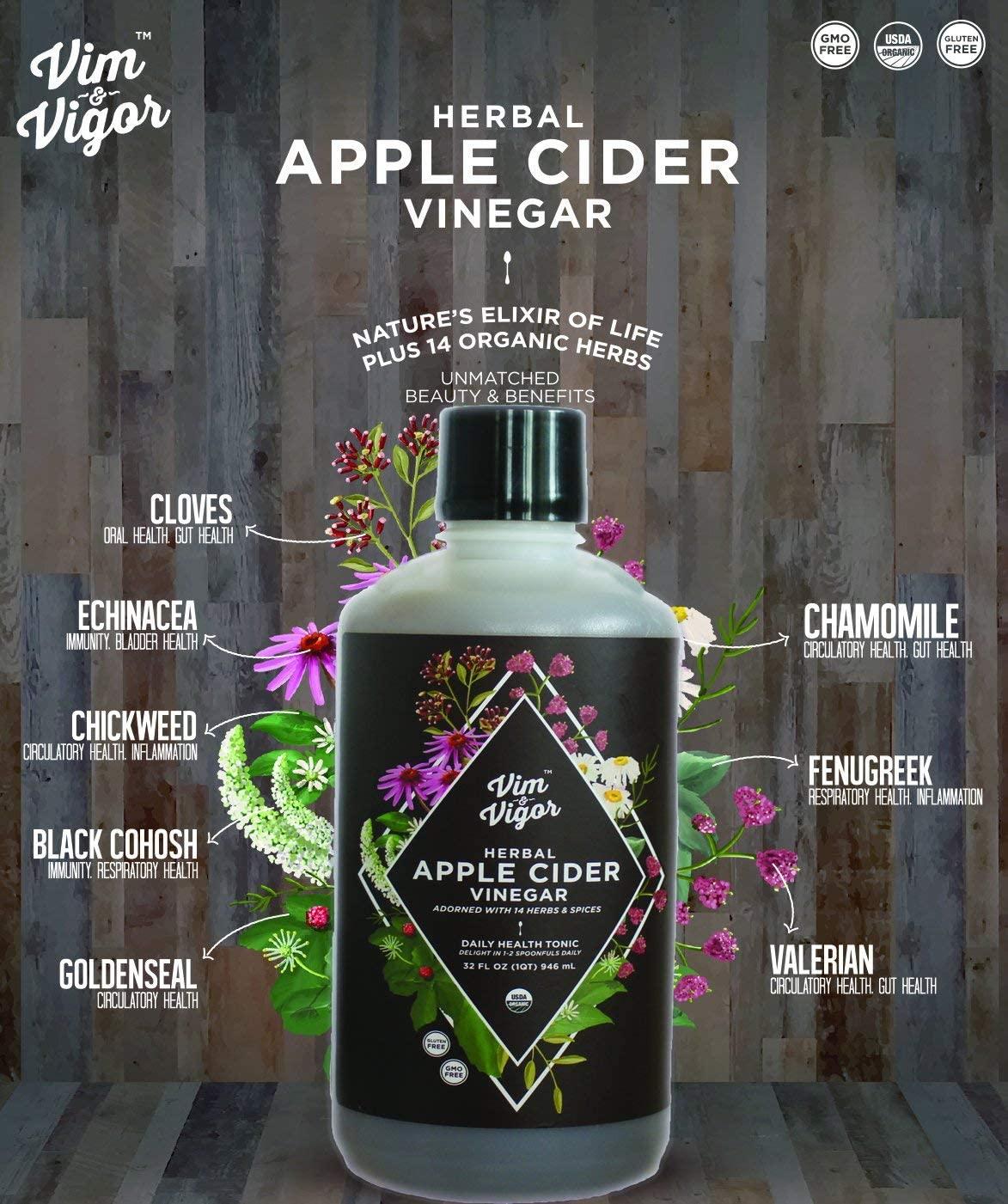 Vim & Vigor Apple Cider Vinegar Herbal Tonic Shots - Certified Organic ...