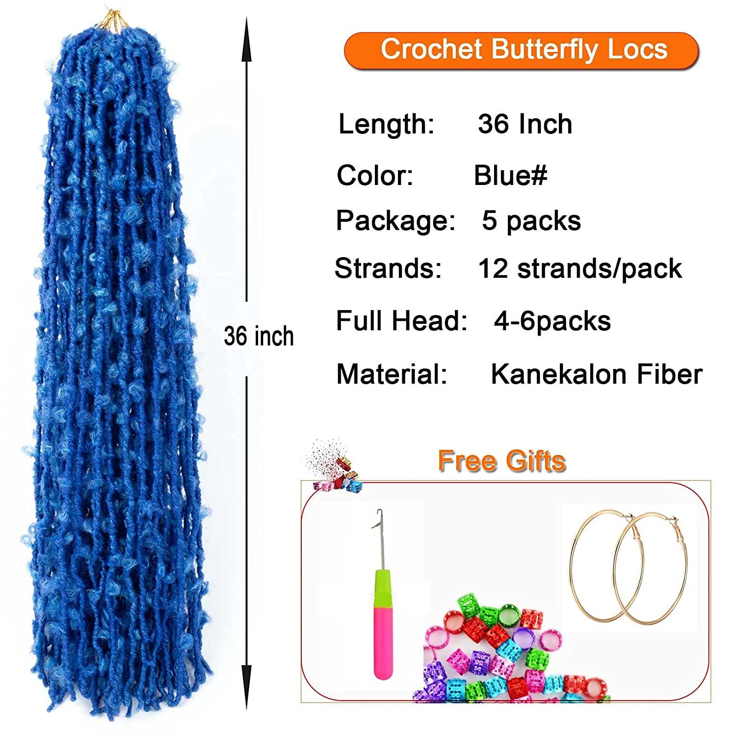 Blue Butterfly Locs Crochet Hair 36 Inch for Black Women - 5 Pack Faux ...