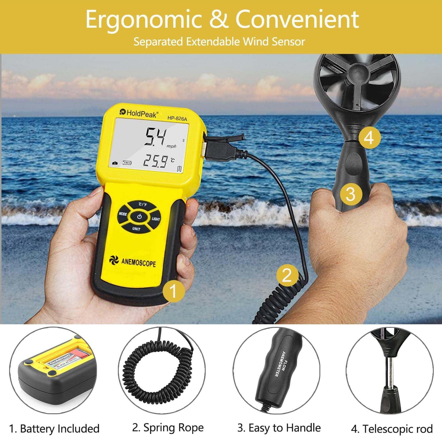 Holdpeak 826A Digital Wind Speed & Temperature Meter | Data Logger ...