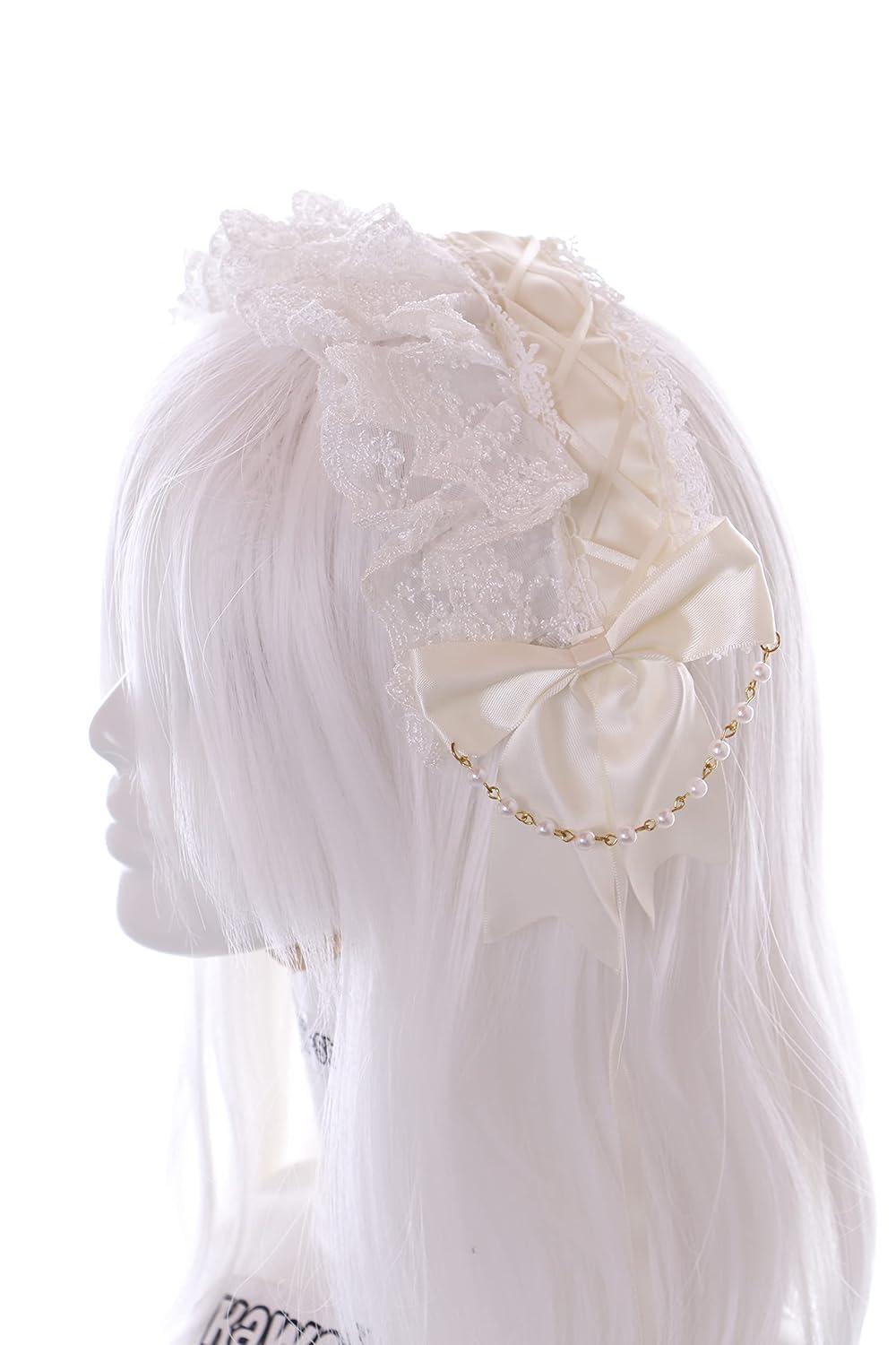 C-06-2 White Maid Lolita Headband with Bow & Pearl Necklace | Gothic Hair Accessory for ...